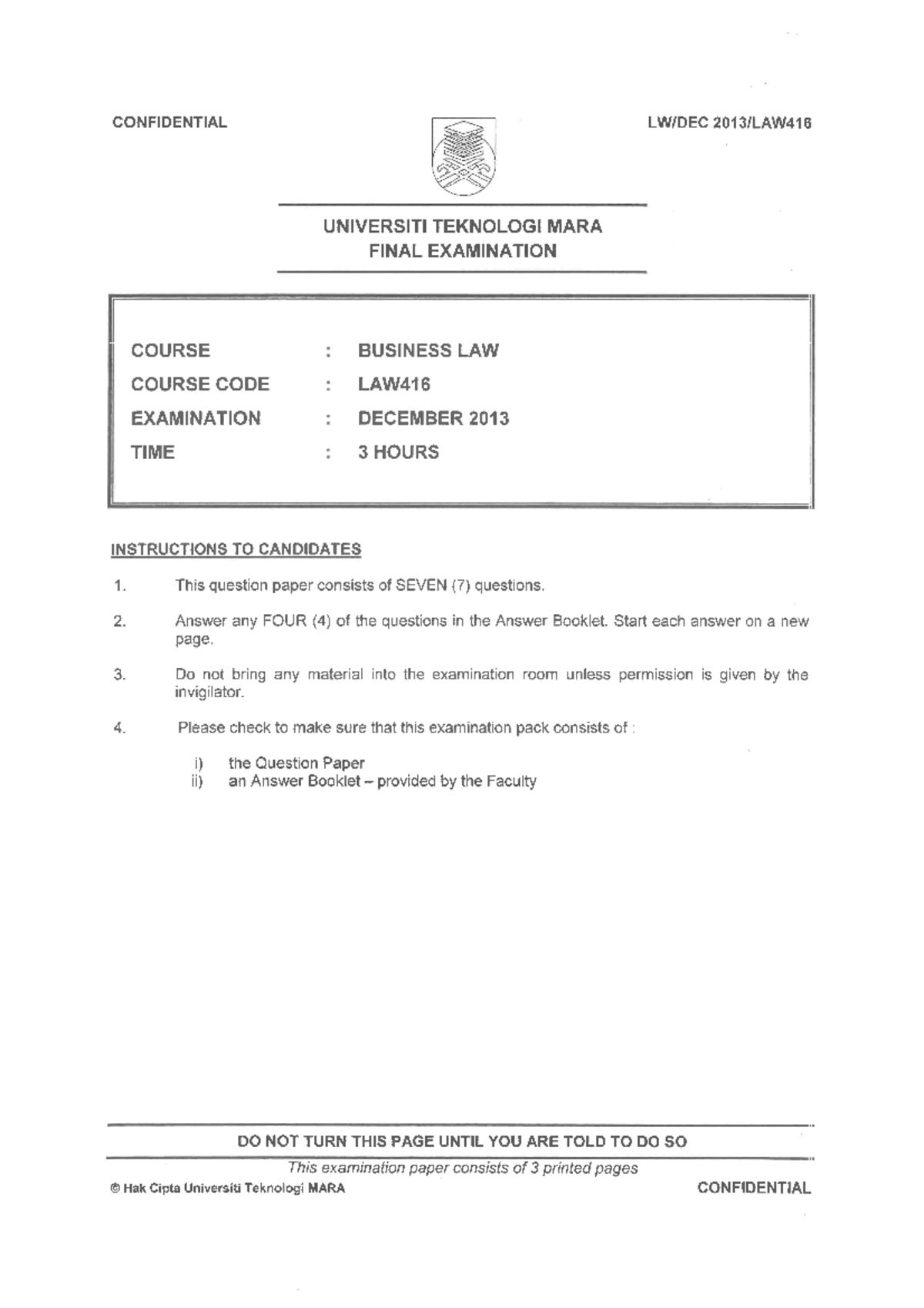 Exam 10 December 2013, questions - CONFIDENTIAL LWIDEC 2013ILAW416 ...