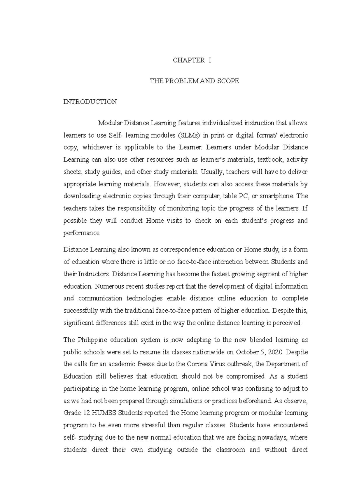 Final output - CHAPTER I THE PROBLEM AND SCOPE INTRODUCTION Modular Distance Learning features ...
