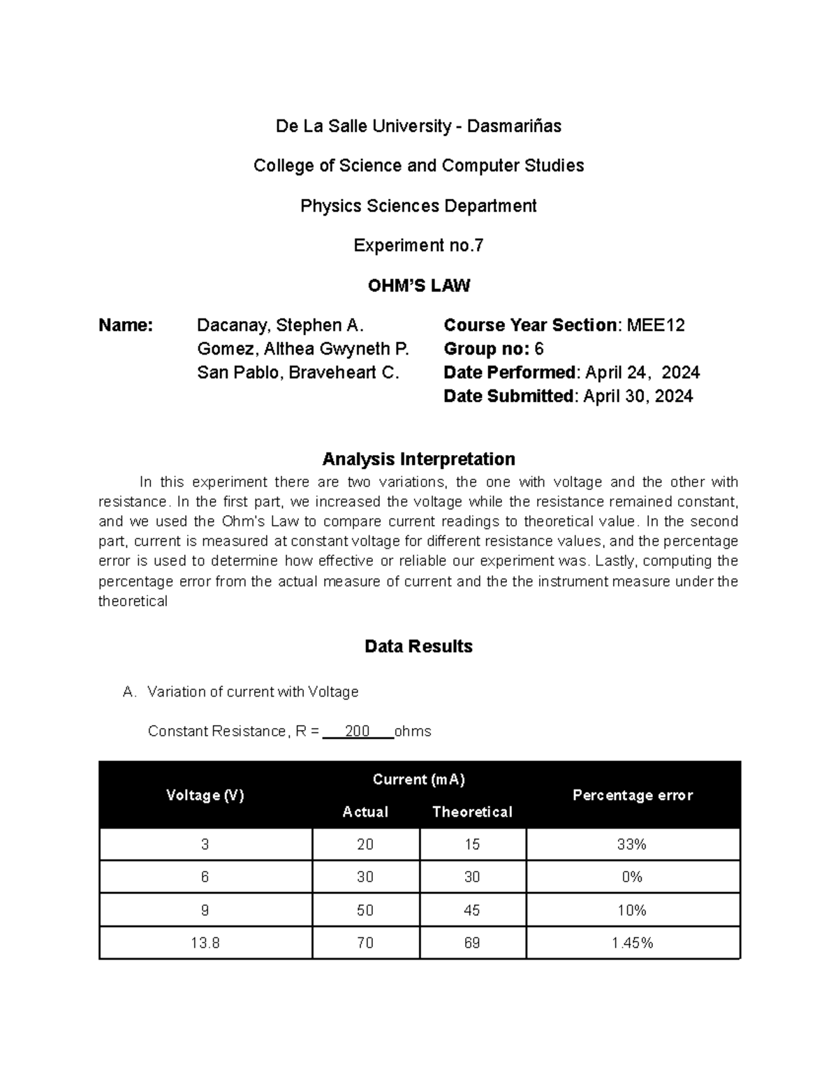 Lab report Exp 7 Ohm's Law - De La Salle University - Dasmariñas College of Science and Computer ...