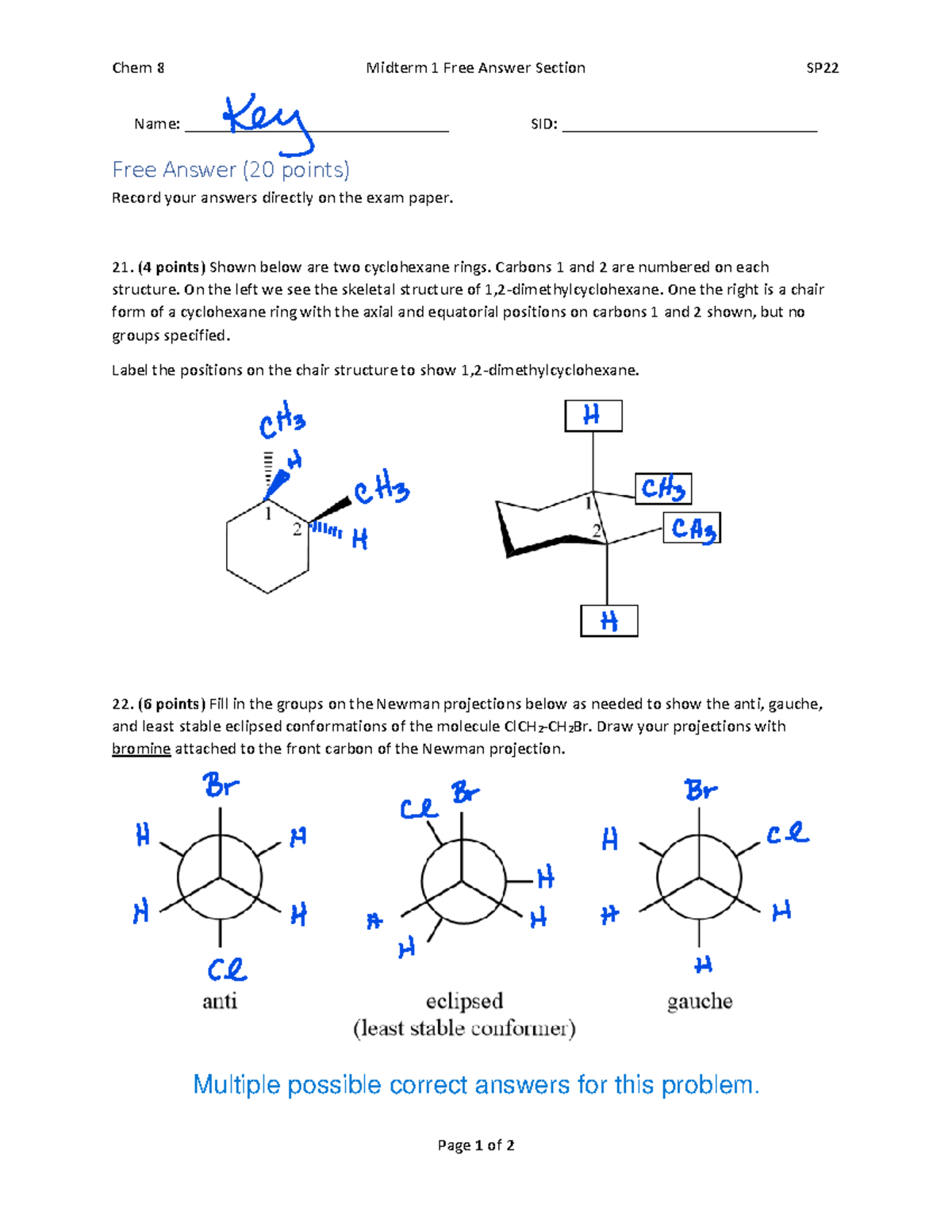 Midterm 1 - Free Answer Section EXAM PREP, Solutions pdf - Chem 8 ...