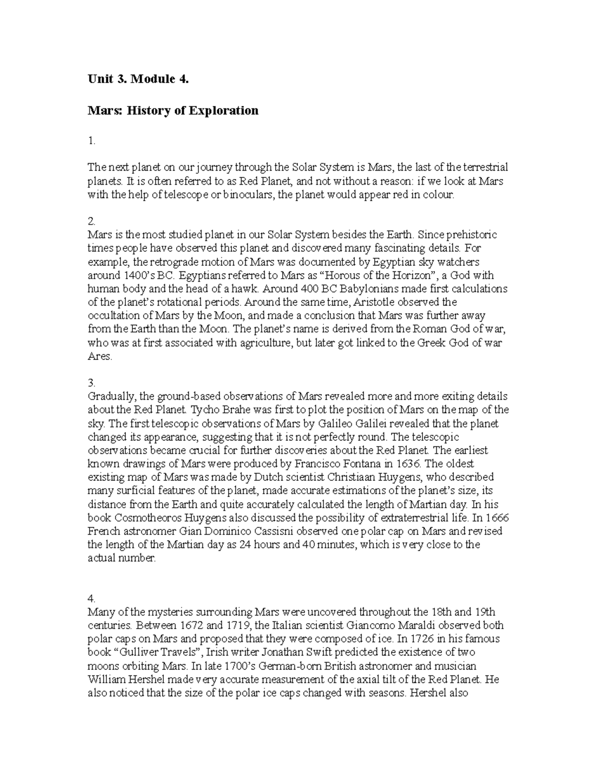 Geology Unit 3 Module 4 - Unit 3. Module 4. Mars: History of ...