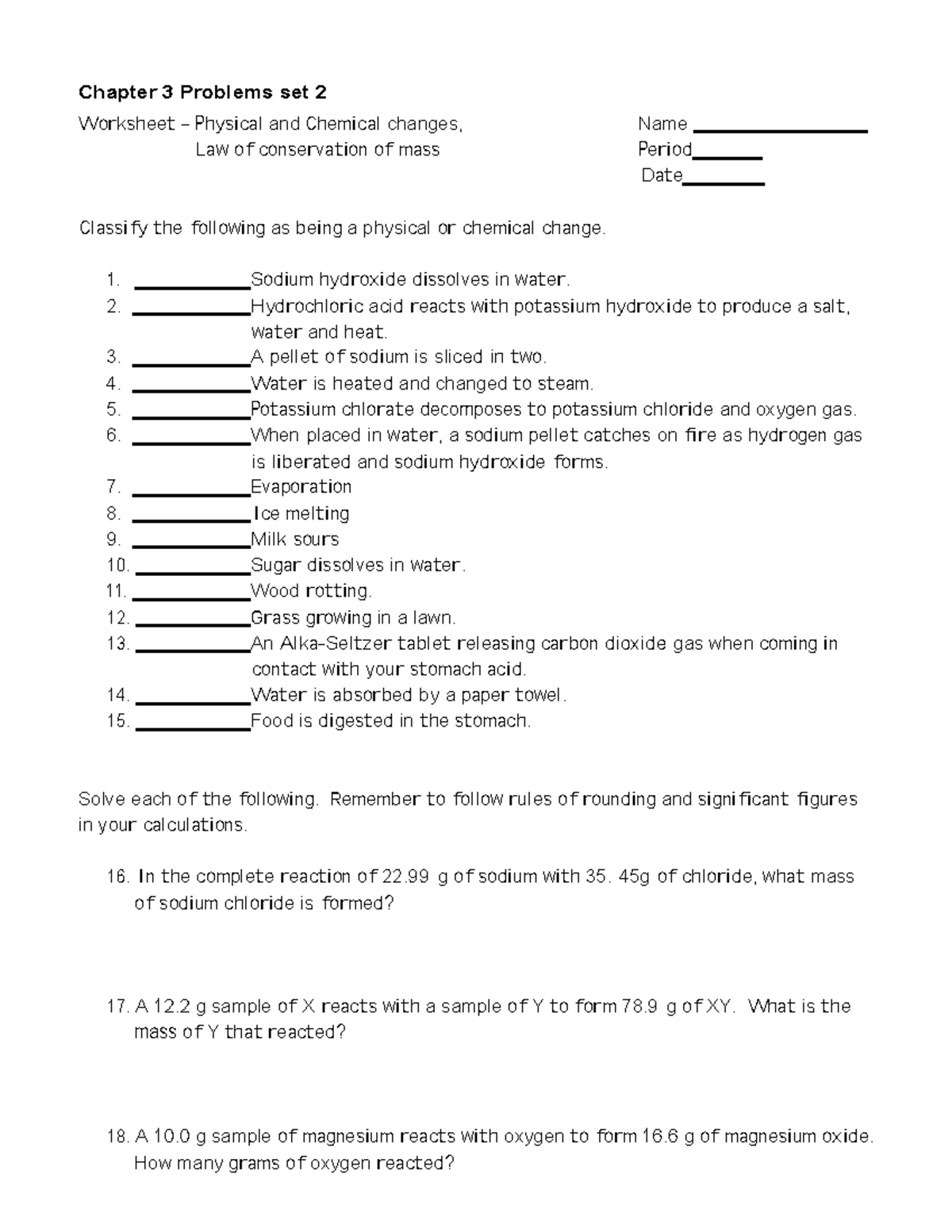 Chapter 3 problems set 2 - Chapter 3 Problems set 2 W or k s h ee t – Phy s ic a l and C h e m ...