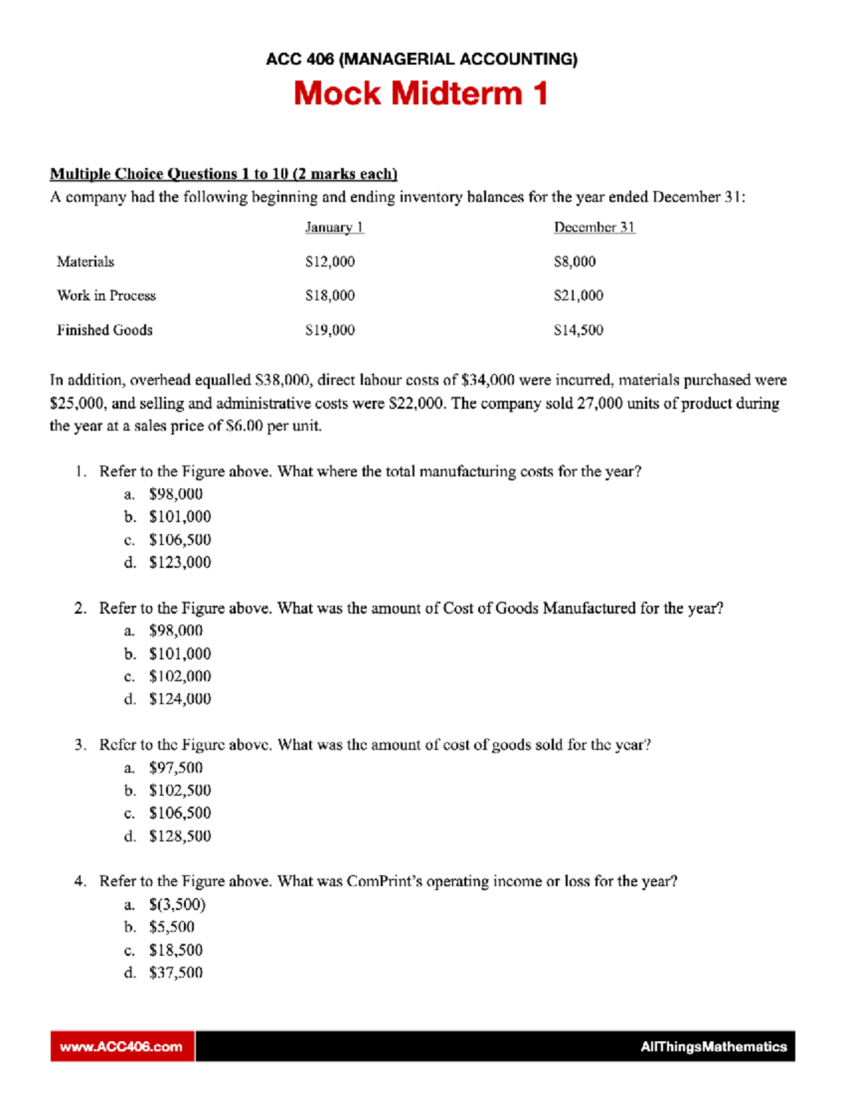 Mock Midterm 1 Questions (pdf) All Things Mathematics - ACC 100 - Studocu