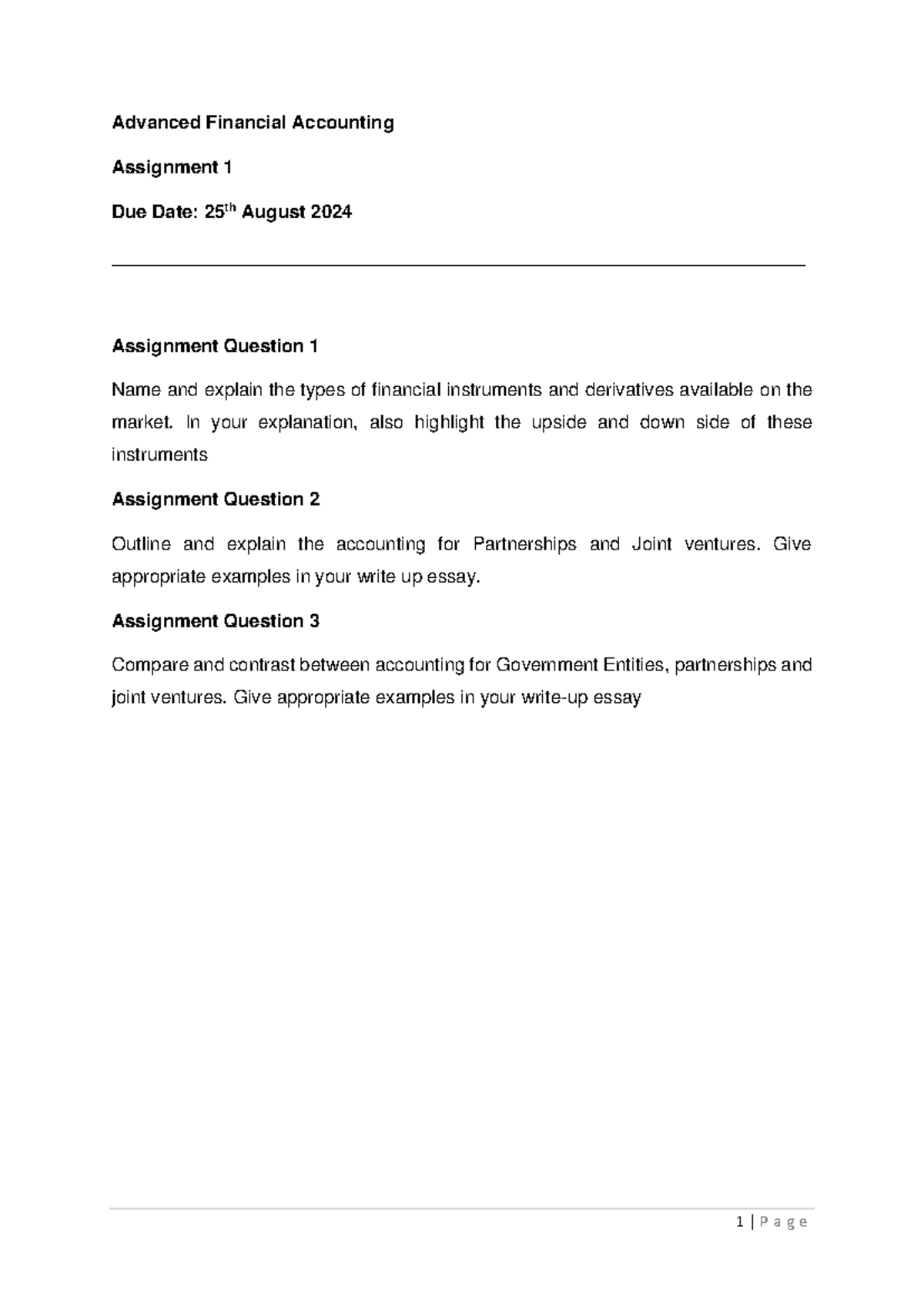 Advanced Financial Accounting Assignment (1) One -12.08.2024 - 1 | P a ...
