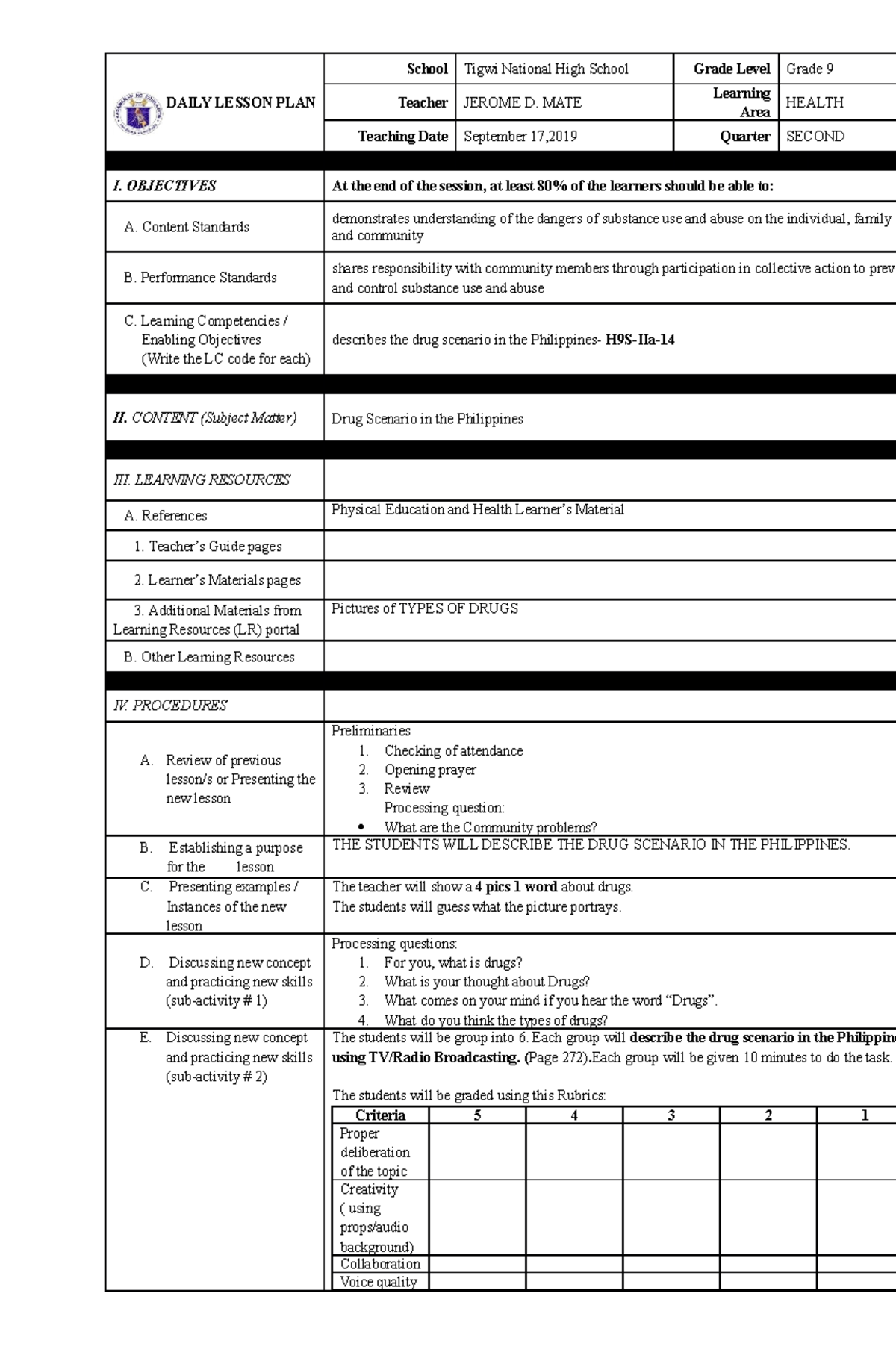 Daily lesson plan health Sept - DAILY LESSON PLAN School Tigwi National ...
