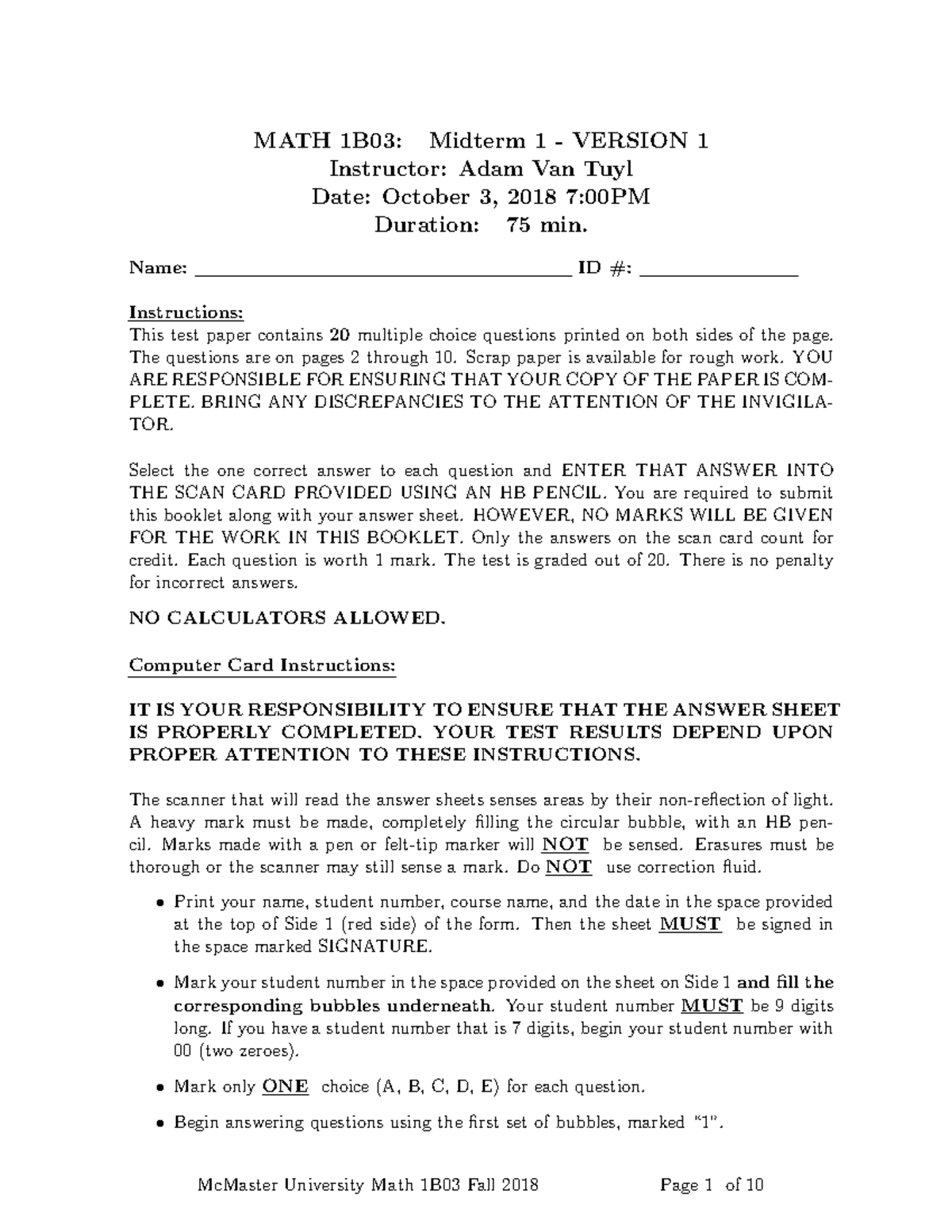 2018 fall math1b03 midterm 1 v1 - MATH 1B03: Midterm 1 - VERSION 1 Instructor: Adam Van Tuyl ...