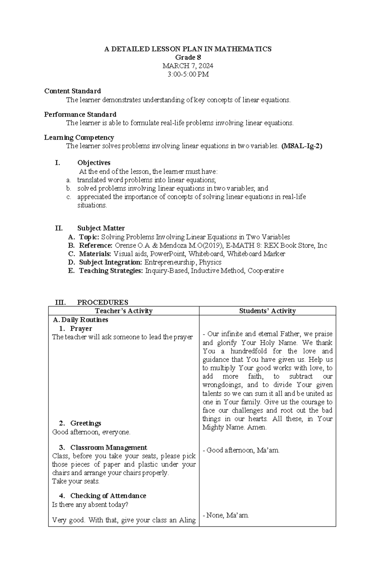 A Detailed Lesson PLAN IN Mathematics 2 - A DETAILED LESSON PLAN IN ...