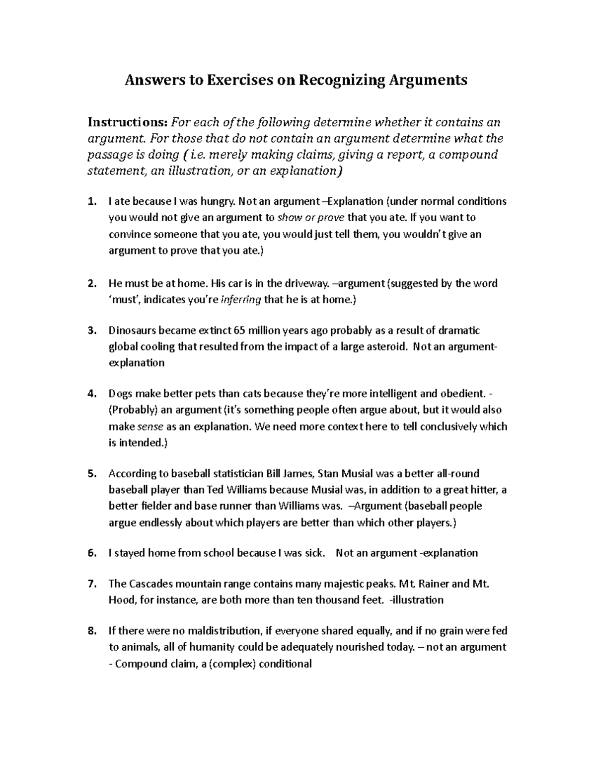 Answers To Exercises On Recognizing Arguments Answers To Exercises On Recognizing Arguments