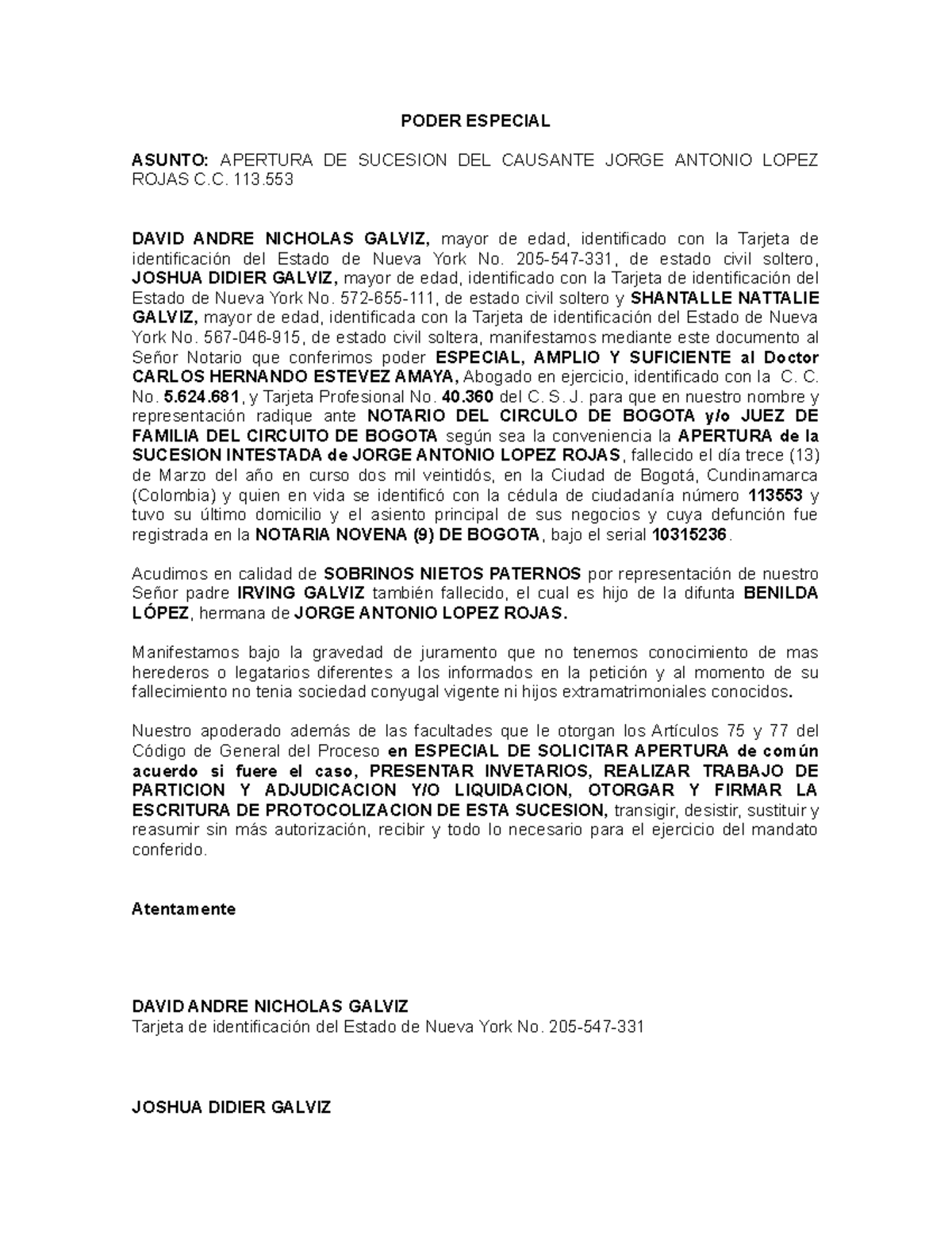 Modelo Poderes Sucesion Esposa E Hijos Hueso - PODER ESPECIAL ASUNTO ...