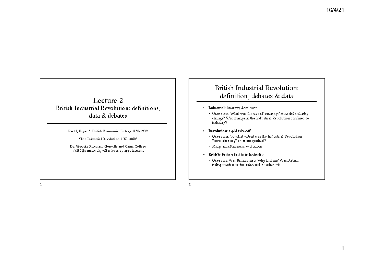 Part I Paper 5 Lecture 2 - Lecture 2 British Industrial Revolution ...
