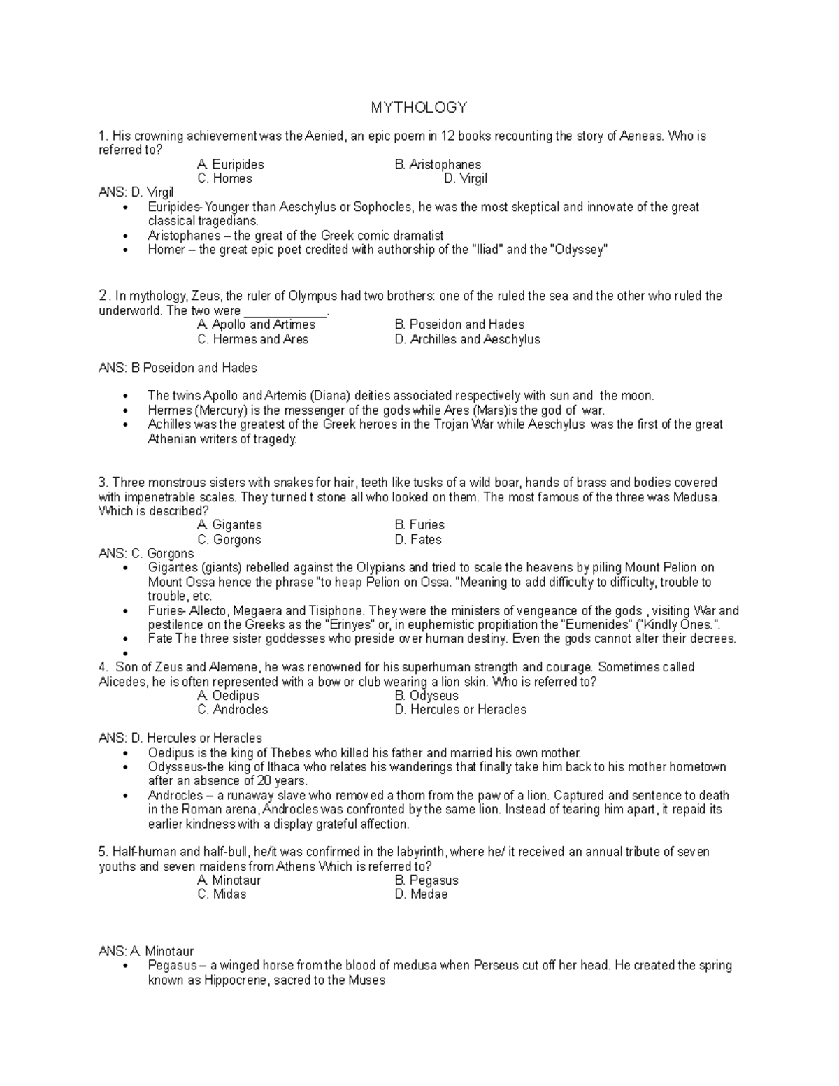 Mythology - sample questionss - MYTHOLOGY His crowning achievement was ...