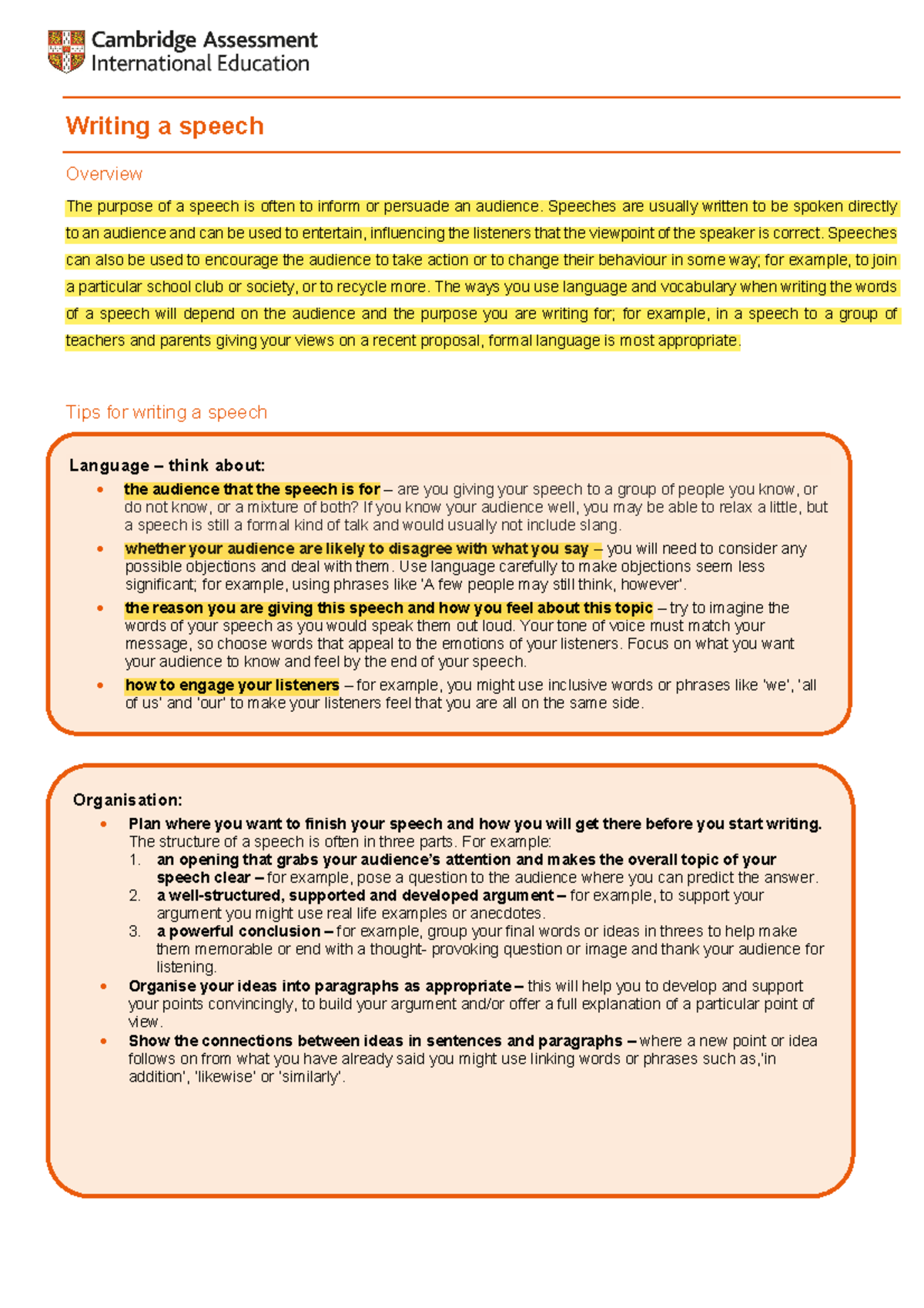 Writing a speech - Writing a speech Overview The purpose of a speech is ...