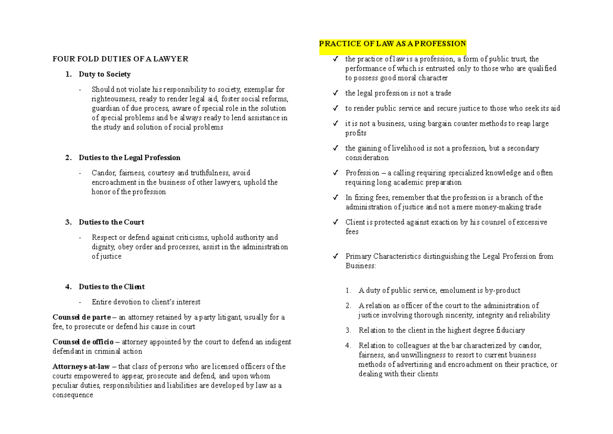 Reviewer in Legal Profession - FOUR FOLD DUTIES OF A LAWYER Duty to ...