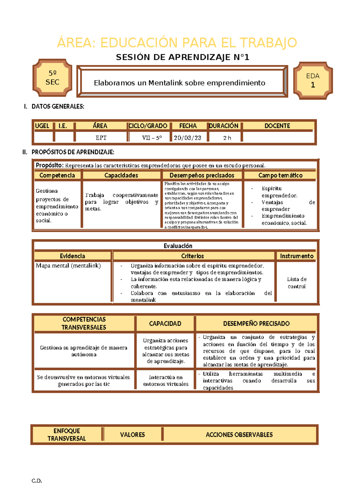 5° Sesión N°1 - EXP1 - EPT - SESIÓN DE APRENDIZAJE N° I. DATOS GENERALES: UGEL I. ÁREA CICLO ...