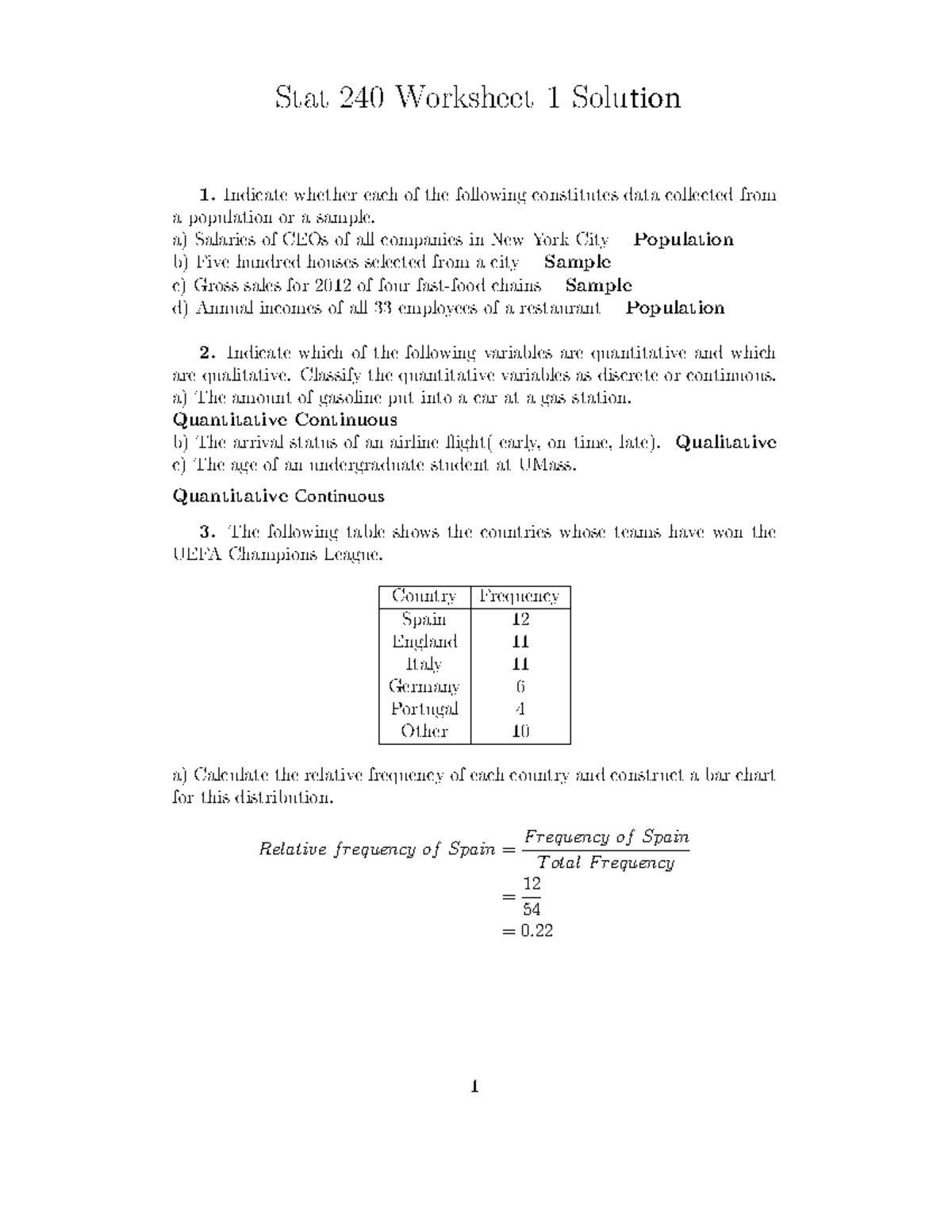 Worksheet 1s STAT 240 - t t ♦r s t ♦ tion - Studocu