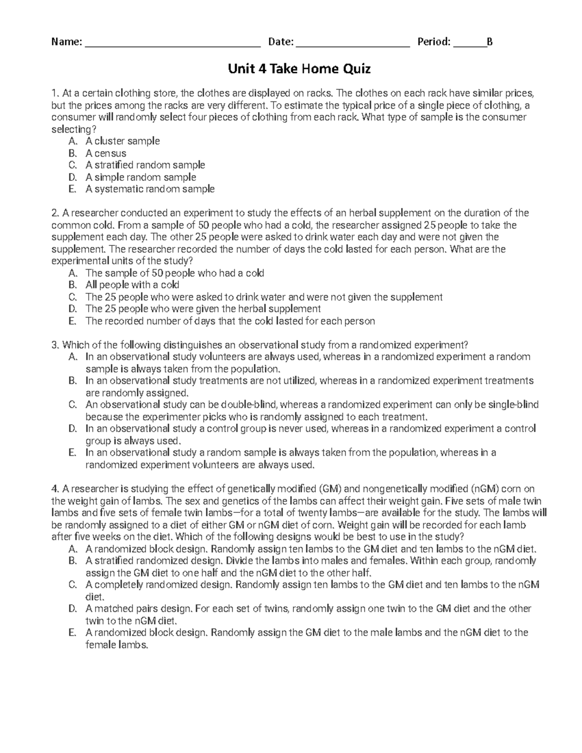Unit 4 Take Home Quiz Form B - Name ...