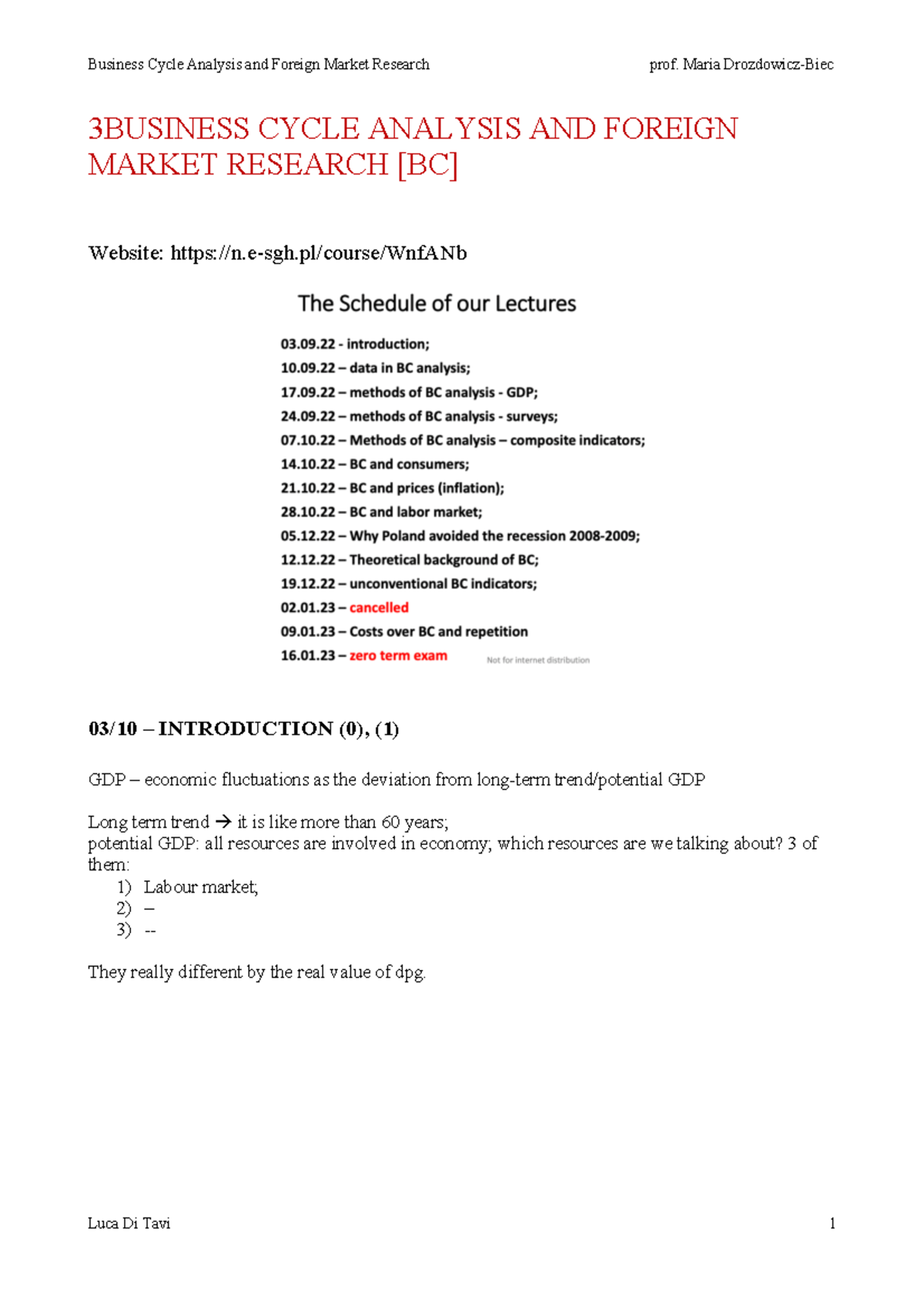 Business Cycle Analysis and Foreign Market Research fall 22/23 - Erasmus - 3BUSINESS CYCLE ...