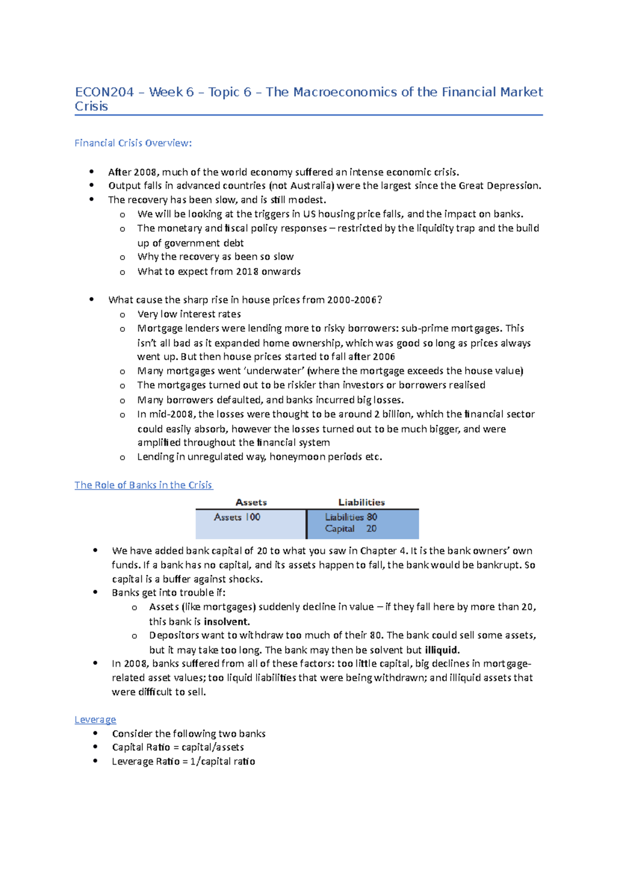 ECON204 W7 - Session 2 2018 - ECON204 – Week 6 – Topic 6 – The Macroeconomics of the Financial ...