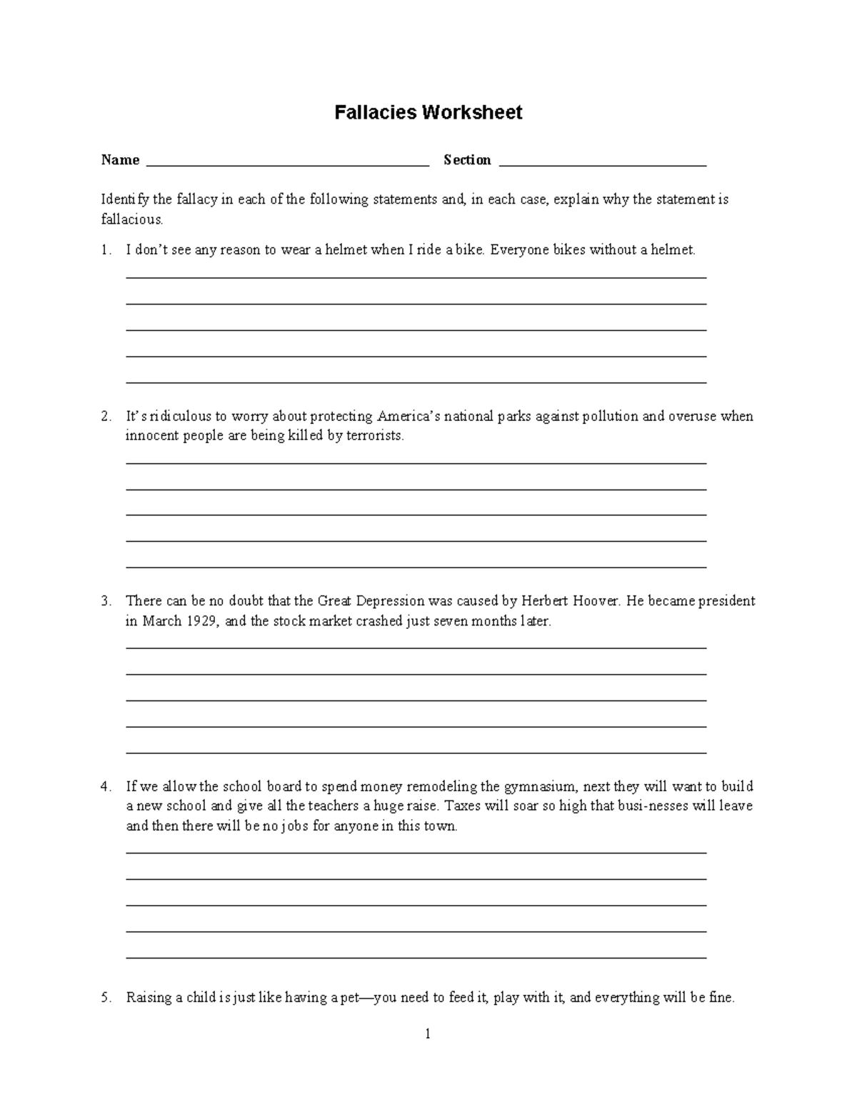 Fallacies Worksheet - Fallacies Worksheet Name Section Identify the ...