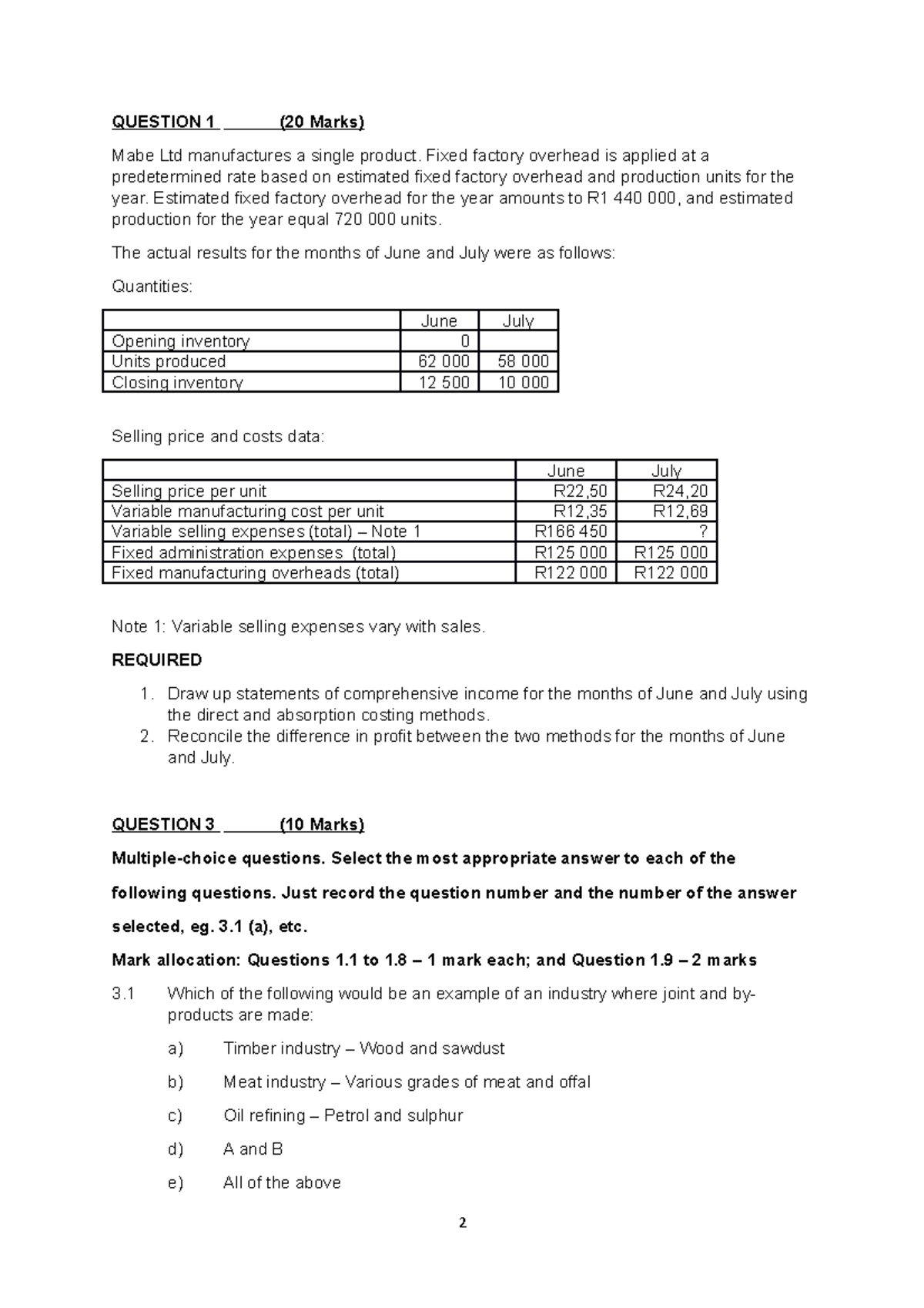 August 2017 QP - QUESTION 1 (20 Marks) Mabe Ltd manufactures a single ...