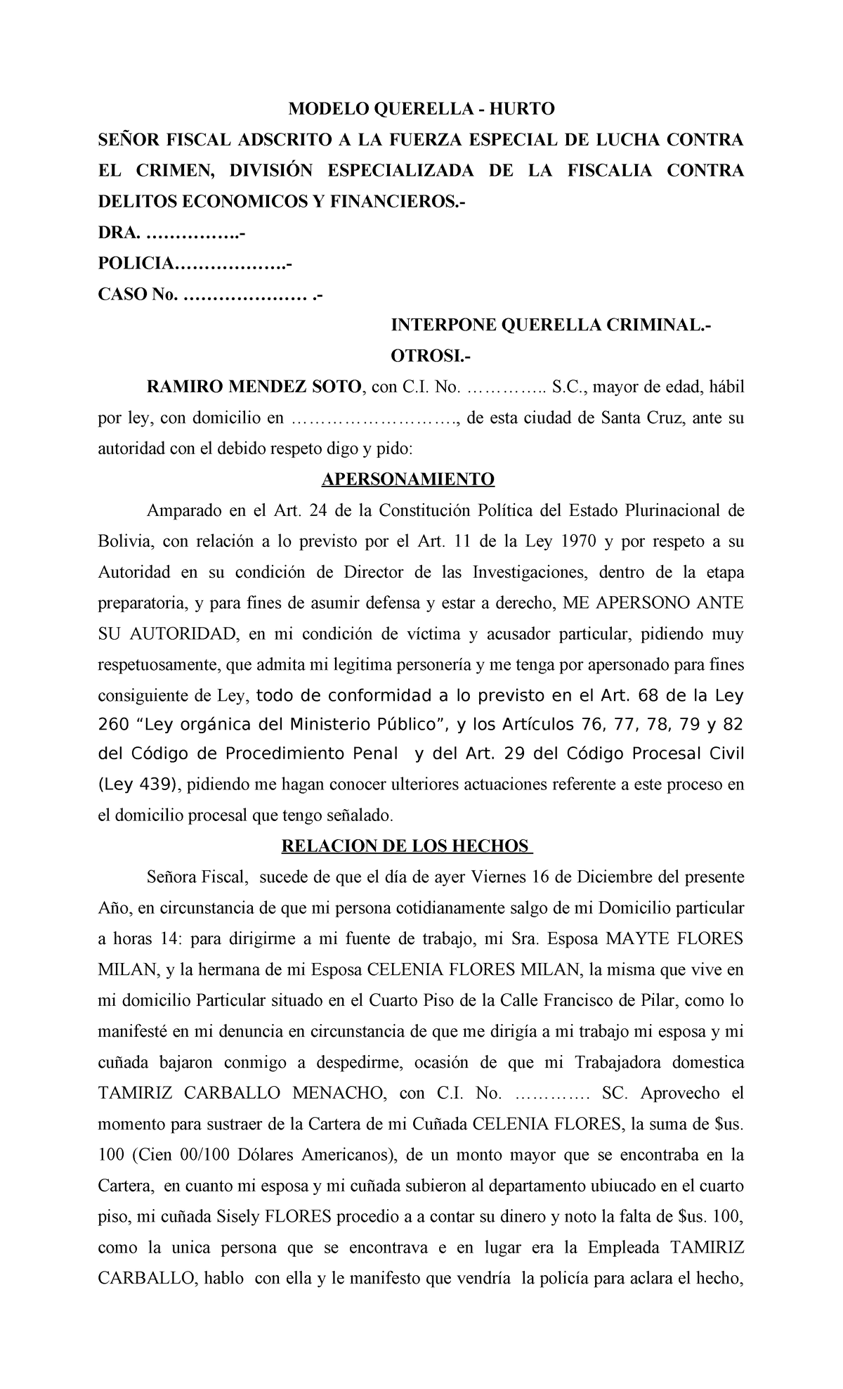 Querella - Hurto - MODELO QUERELLA - HURTO SEÑOR FISCAL ADSCRITO A LA ...