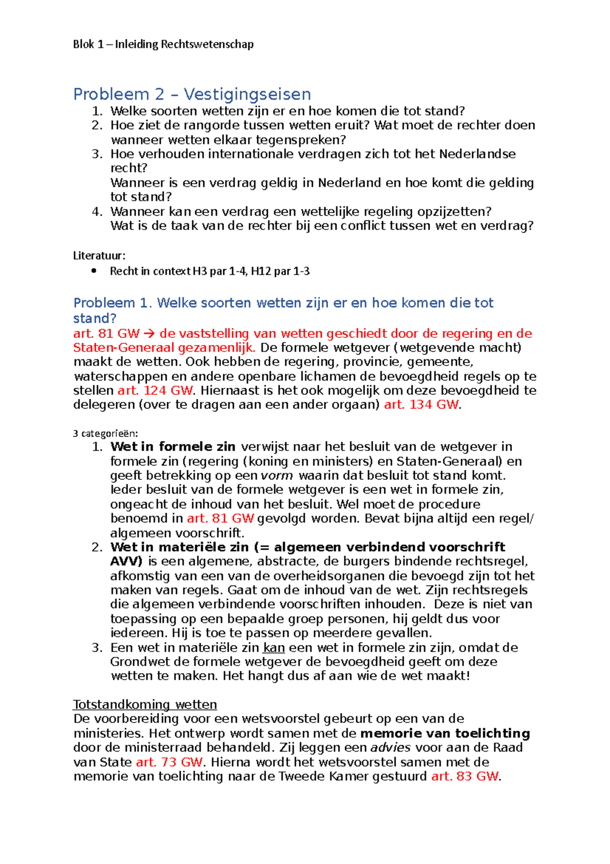 Probleem 2 - soorten wetten - totstandkoming van wetten - rangorde van ...
