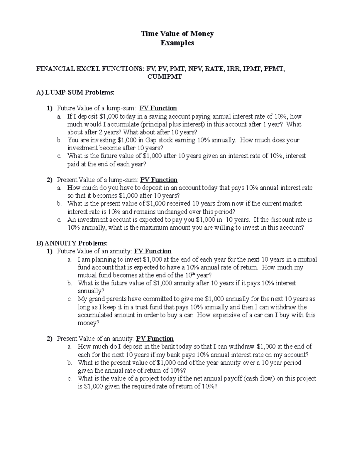 Time Value of Money Problems (Excel Functions) - Time Value of Money Examples FINANCIAL EXCEL ...