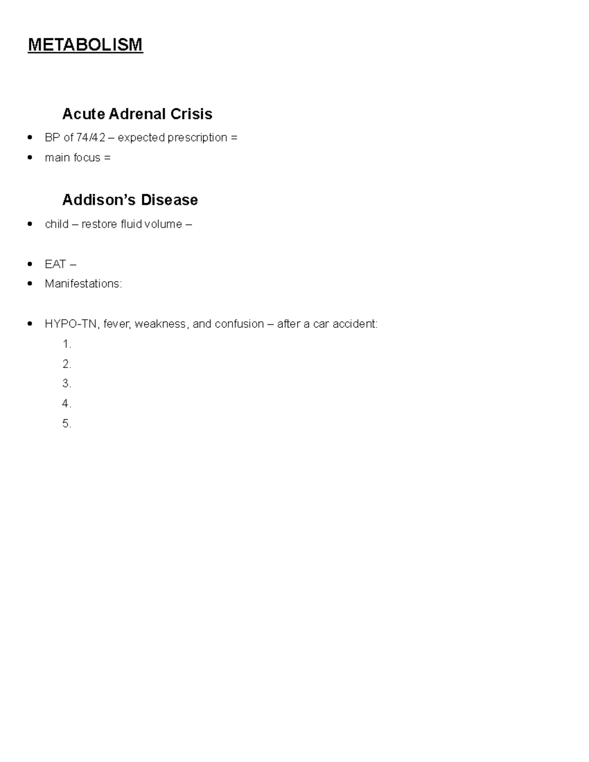 E#1- Keypoints - key points - METABOLISM Acute Adrenal Crisis BP of 74/ ...