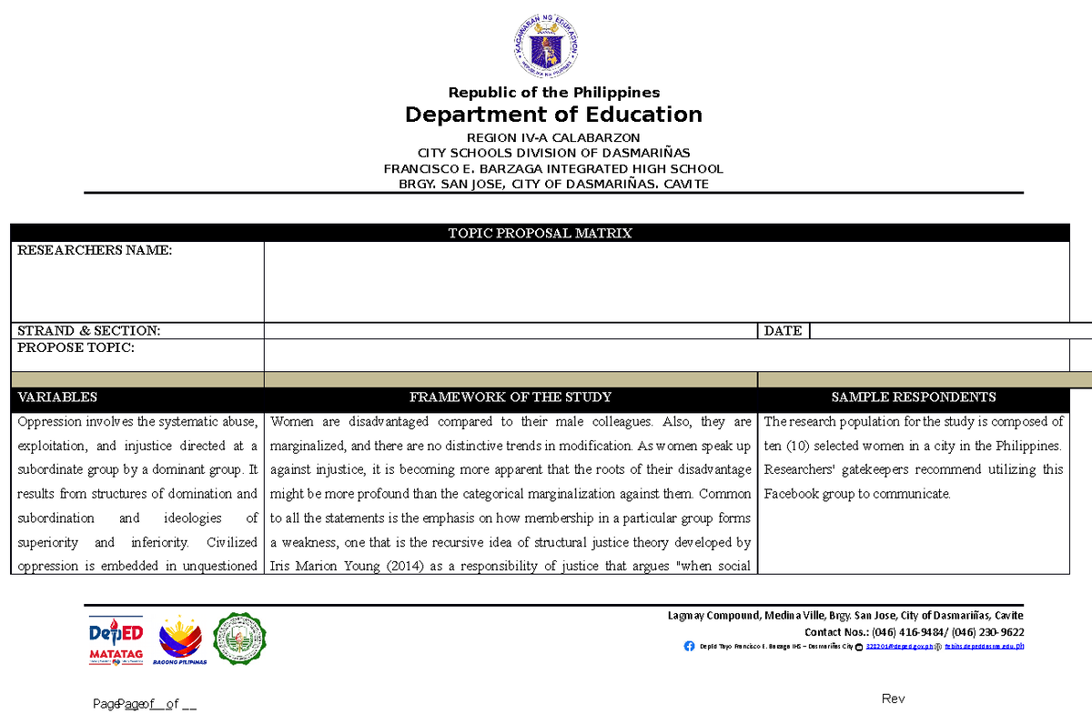 Sample Matrix - Department of Education REGION IV-A CALABARZON CITY ...