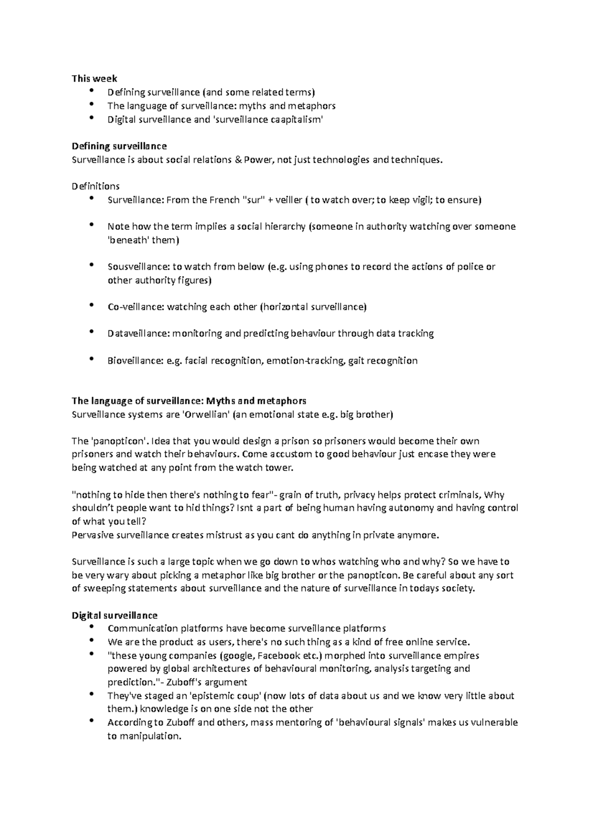 Week 10 Lecture Notes This Week Defining Surveillance And Some Related Terms The Language Of