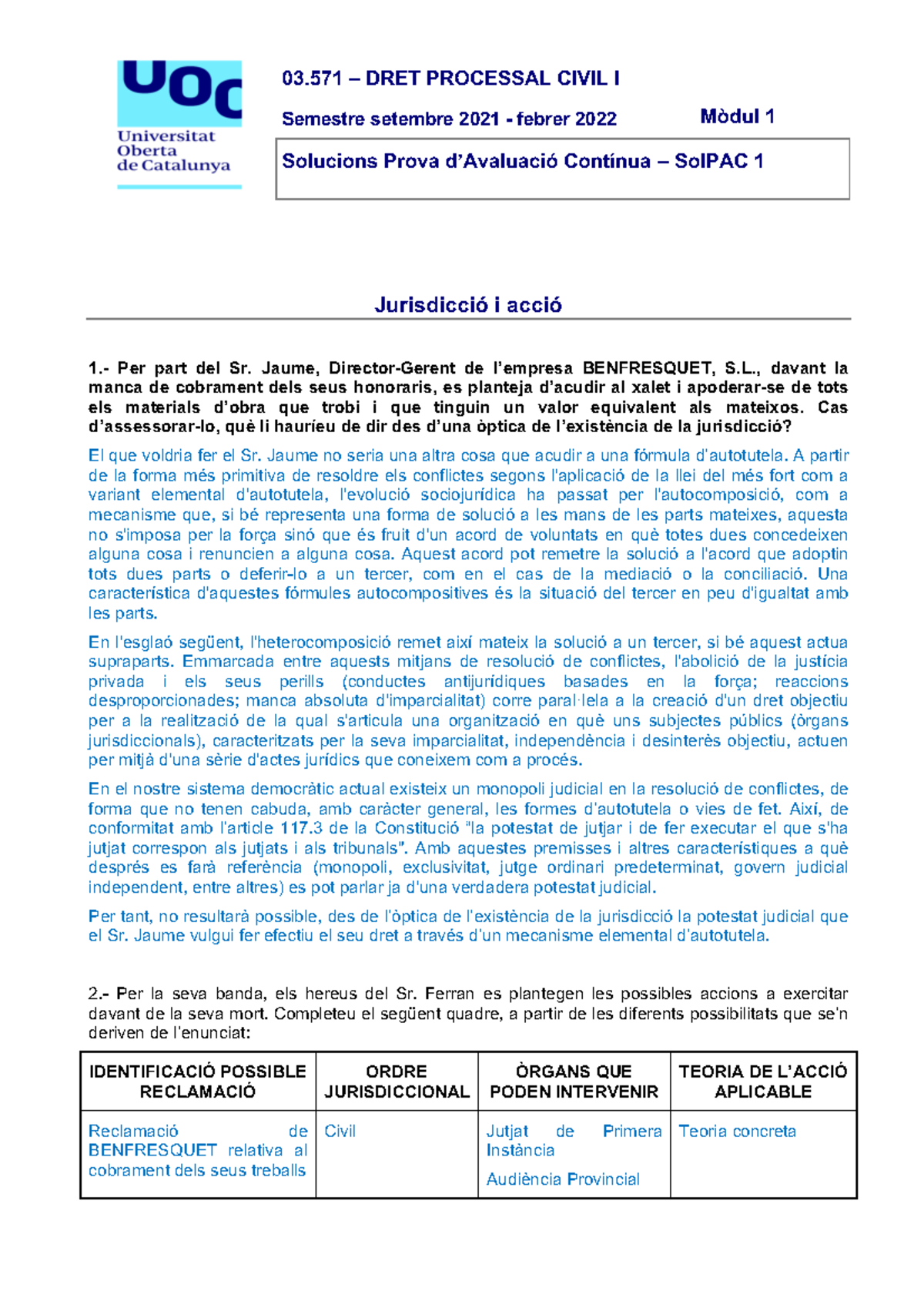 SOLPAC1 PROCESAL CIVIL I - derecho procesal I - UOC - Studocu