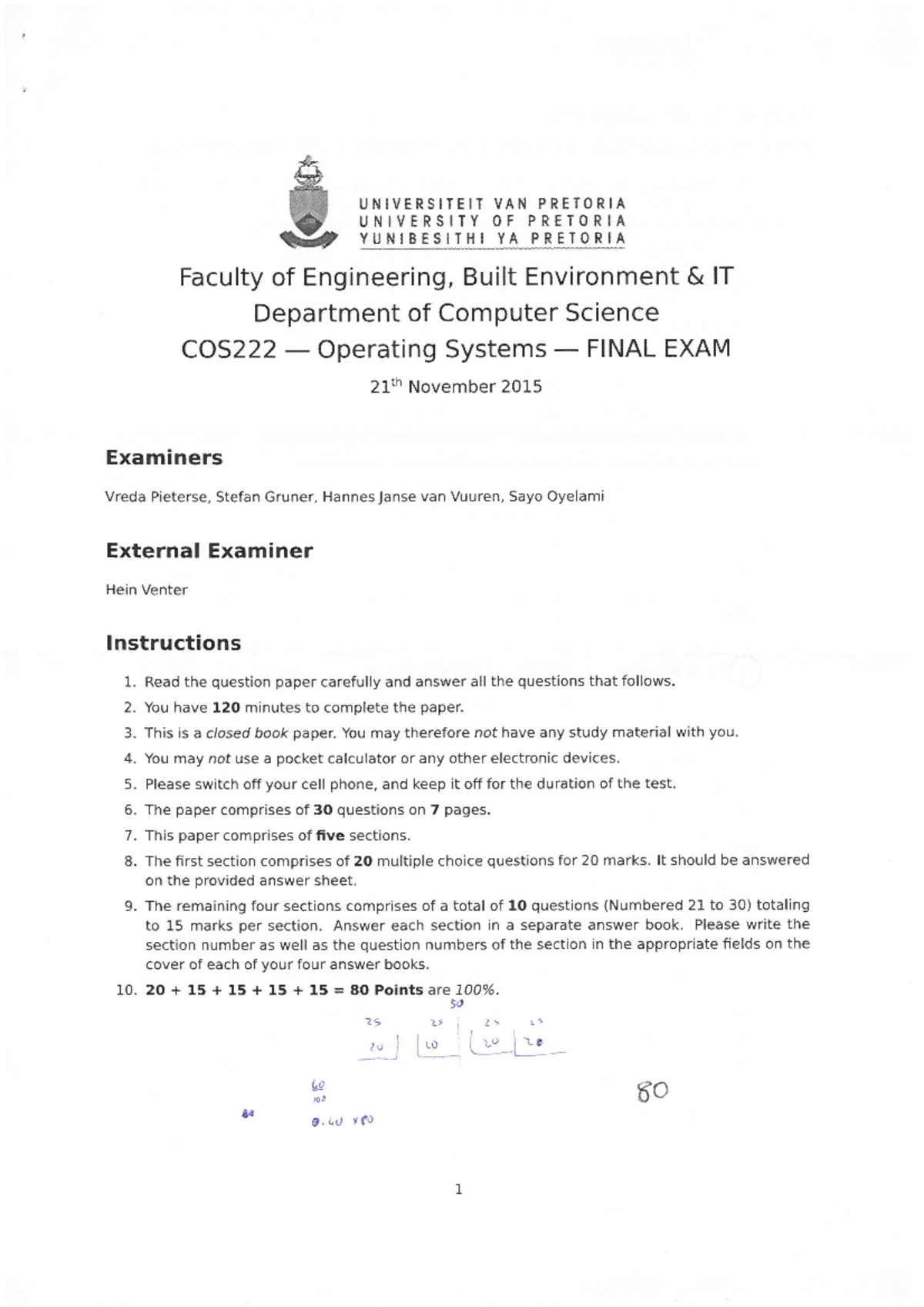 COS222 - 2015 - Exam - Operating system past papers from when it was ...