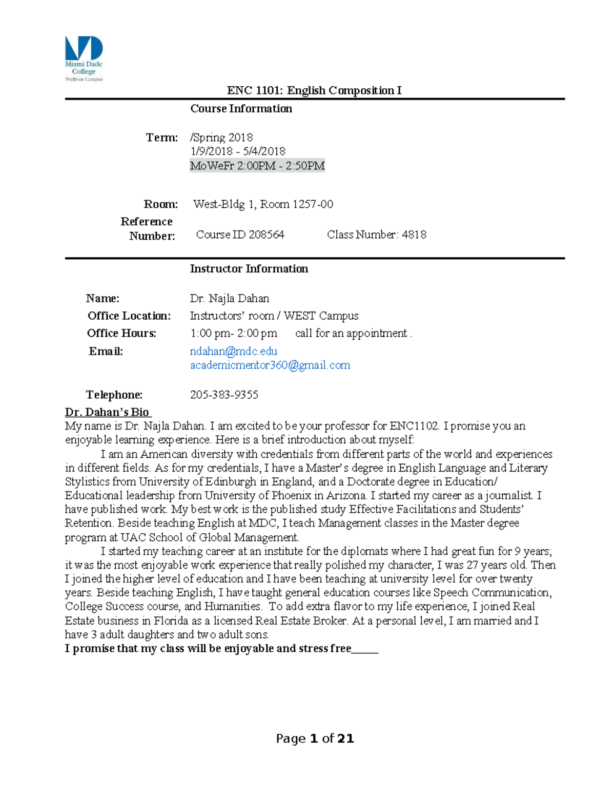 ENC 1101 MDC syllabus west spring 2018 (2)[975] - ENC 1101: English ...