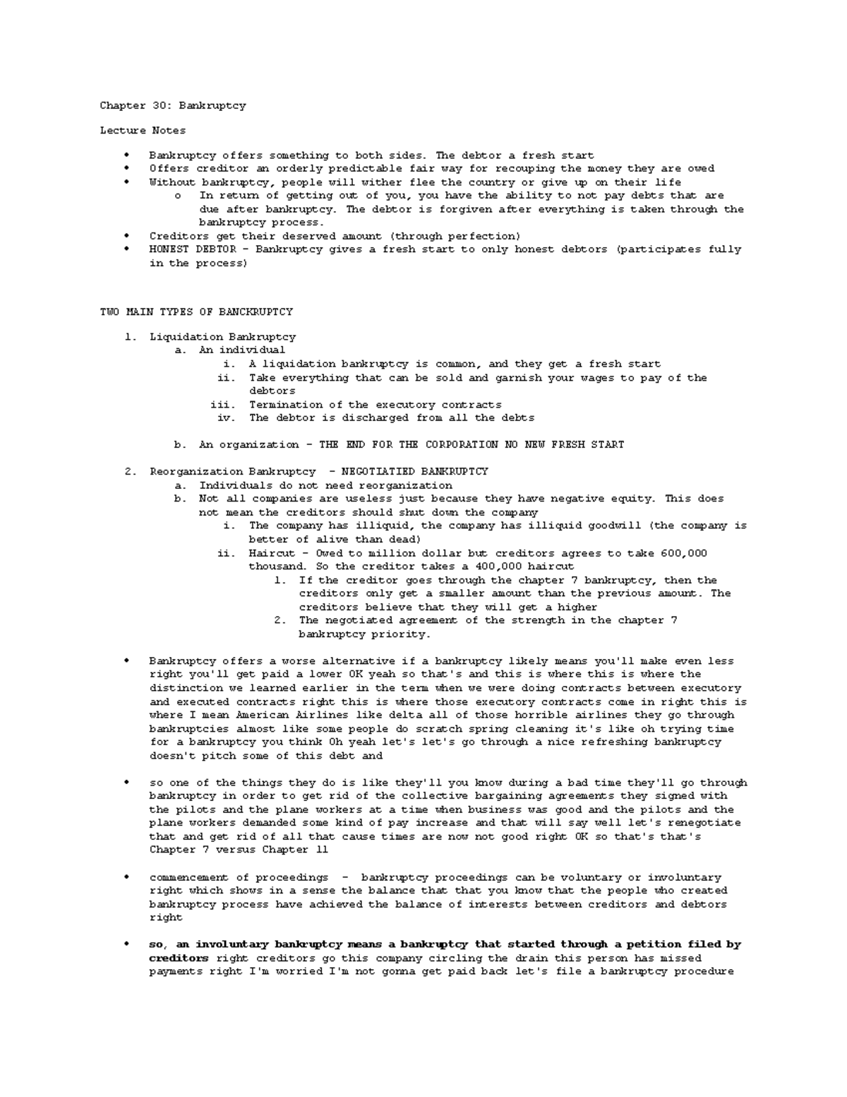 Chapter 30 - Bankcruptcy - Chapter 30: Bankruptcy Lecture Notes ...