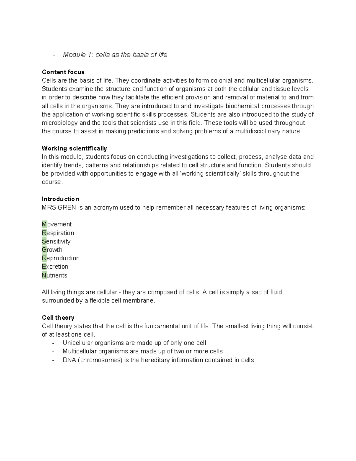 Biology - Module 1: cells as the basis of life - Module 1: cells as the ...
