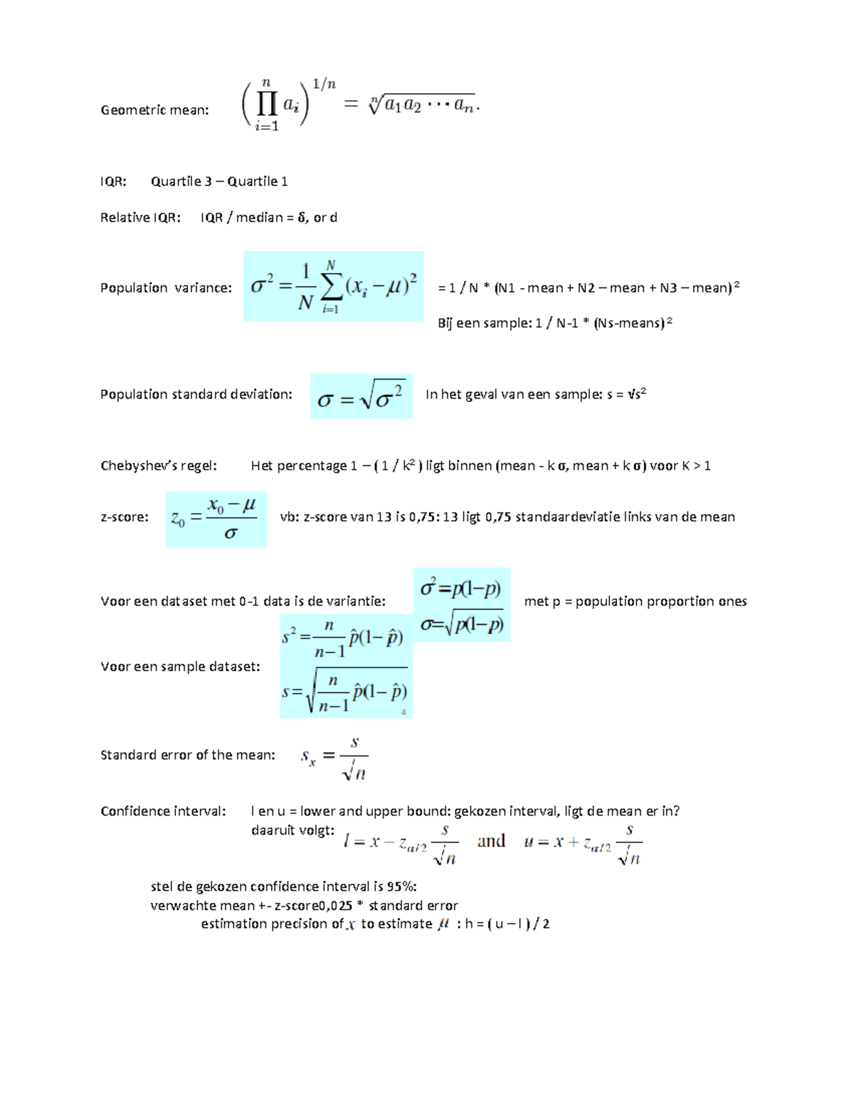 Formules Statistiek - Geometric mean: IQR: Quartile 3 – Quartile 1 ...