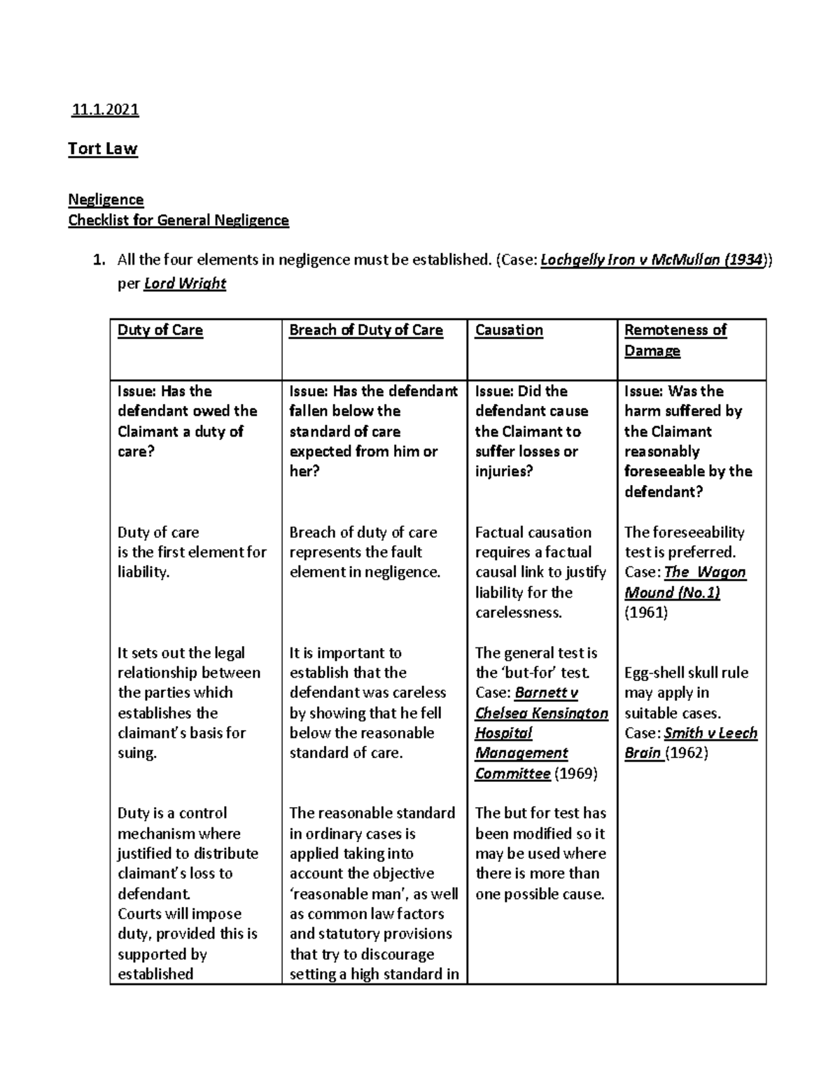 Checklist for Negligence 11 - 11. Tort Law Negligence Checklist for ...