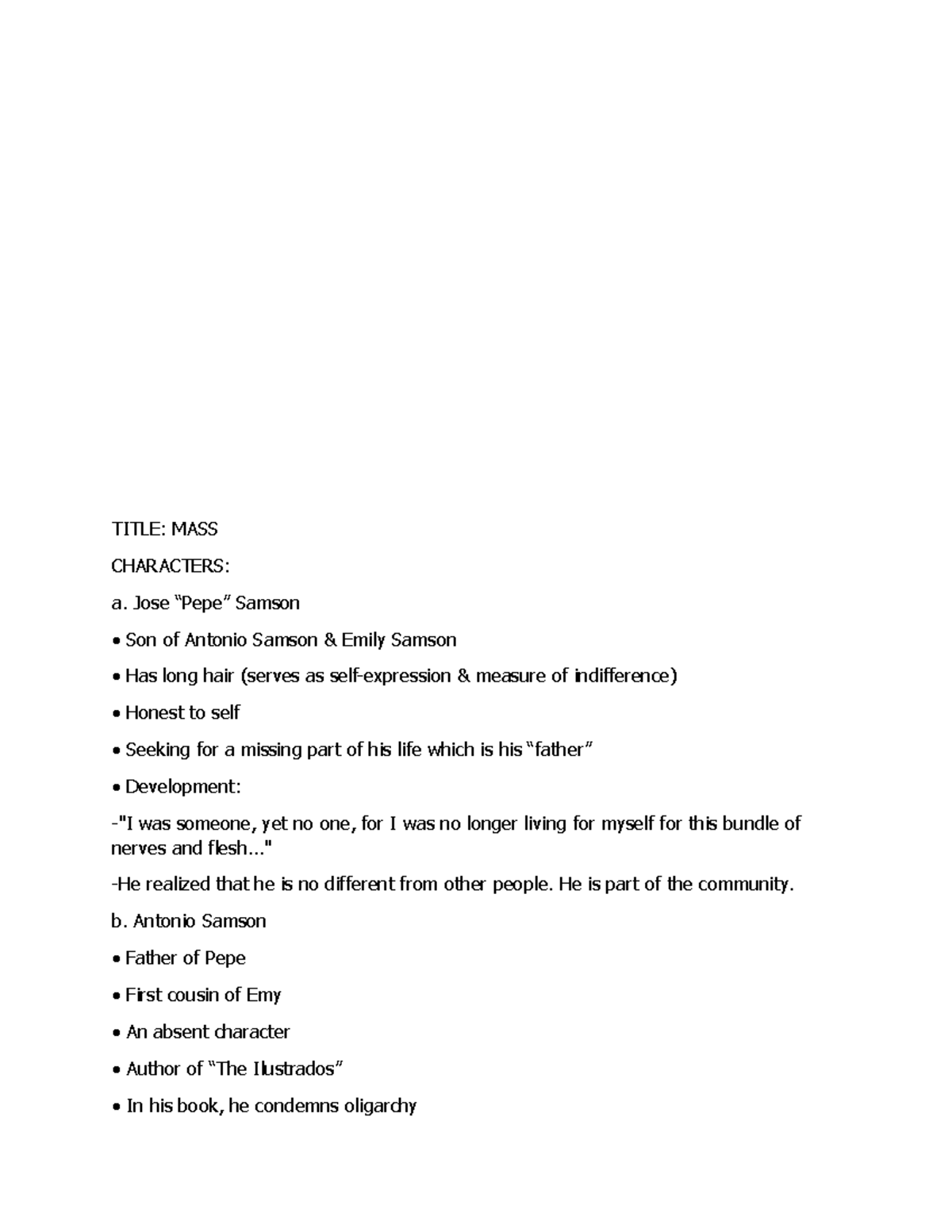 Mass - Mass - TITLE: MASS CHARACTERS: a. Jose “Pepe” Samson Son of ...