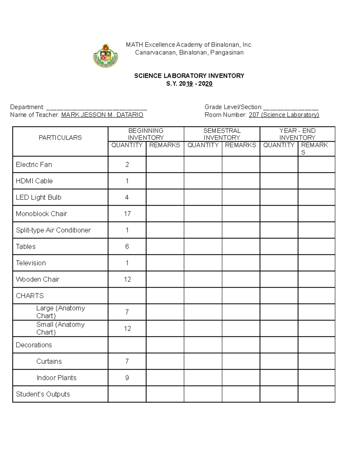 MEAB, BINALONAN PANGASINAN Inventory Laboratory 2019-2020 - Science ...