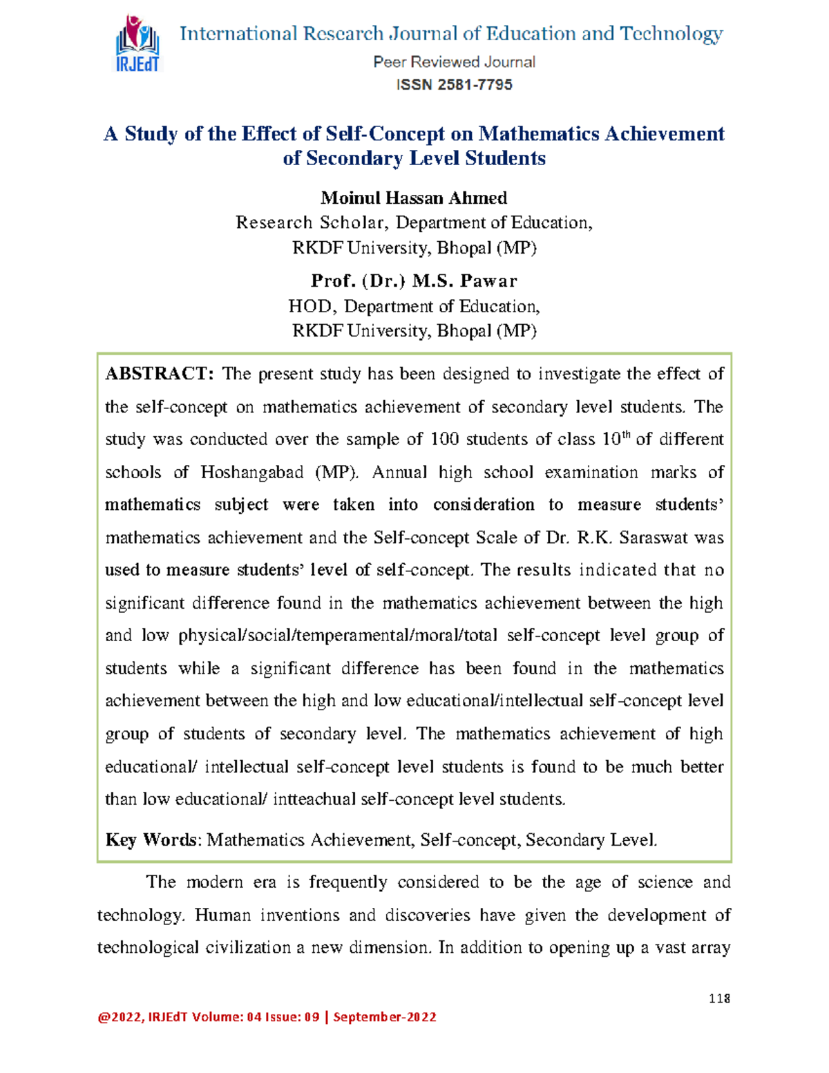 A Study of the Effect of Self-Concept on Mathematics Achievement of ...