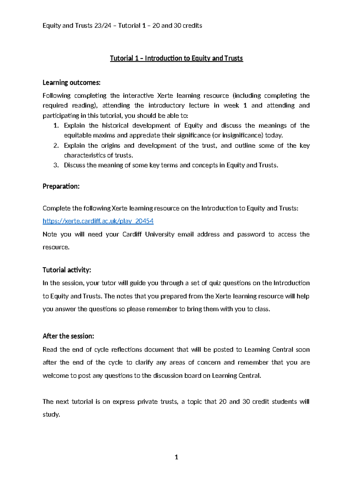 Tutorial 1 - worksheet - Tutorial 1 – Introduction to Equity and Trusts ...
