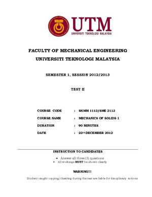 Assignment 7 pdf - Mechanics of Solid I - SEMM1113 – SOLID MECHANICS DR. MUHAMMAD ASYRAF BIN ...