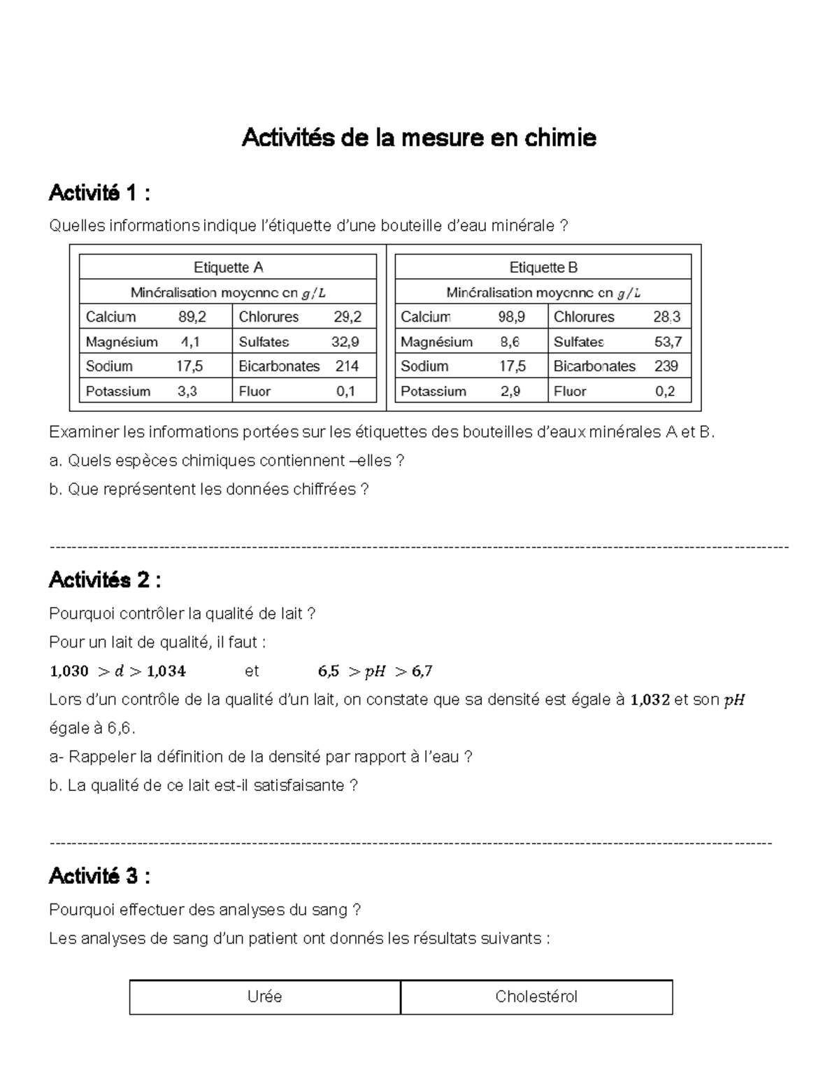 Importance de la mesure en chimie activites 1 3 - Activités de la ...