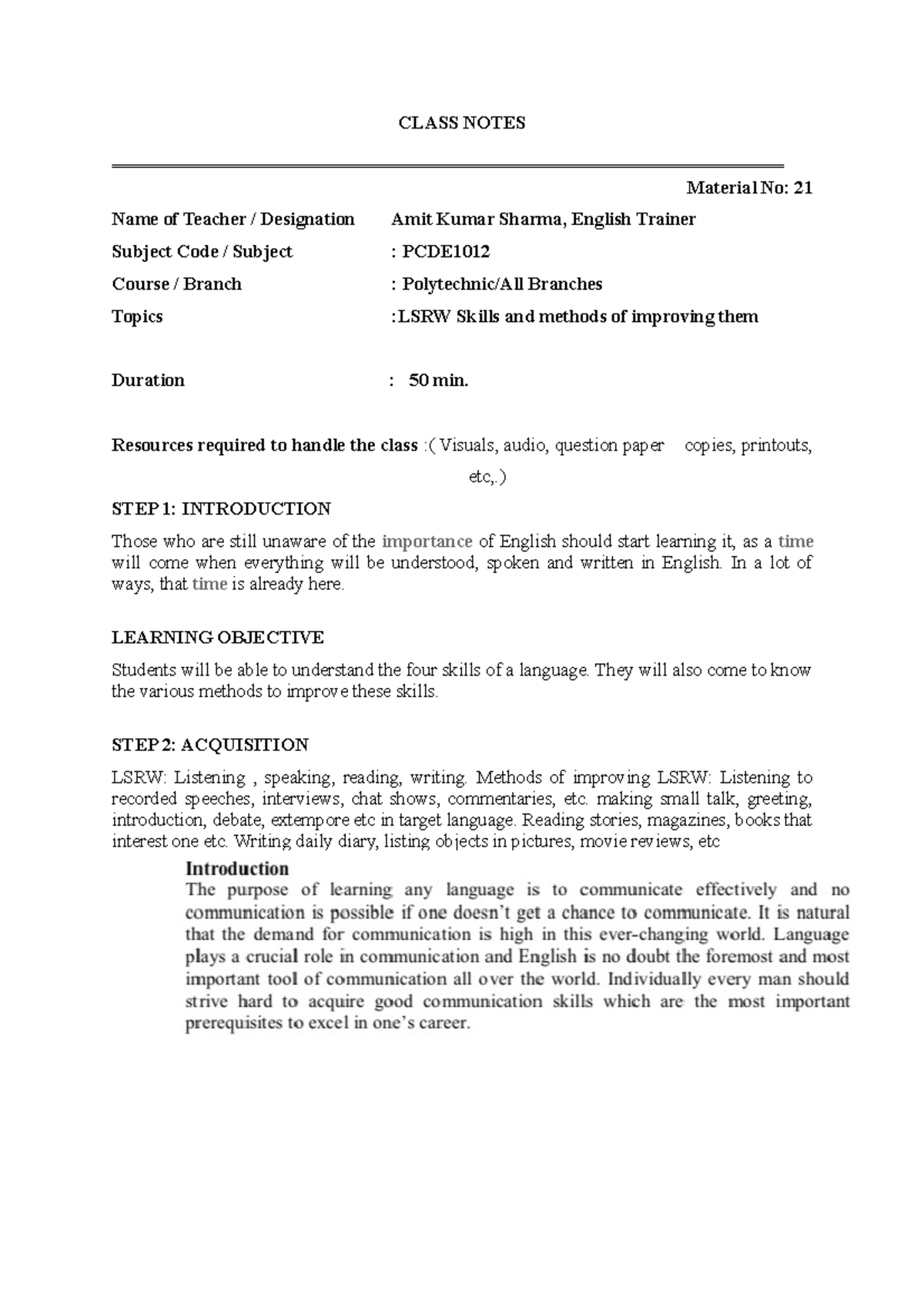 Notes LP 21 - LSRW Skills and methods of improving them - CLASS NOTES ...
