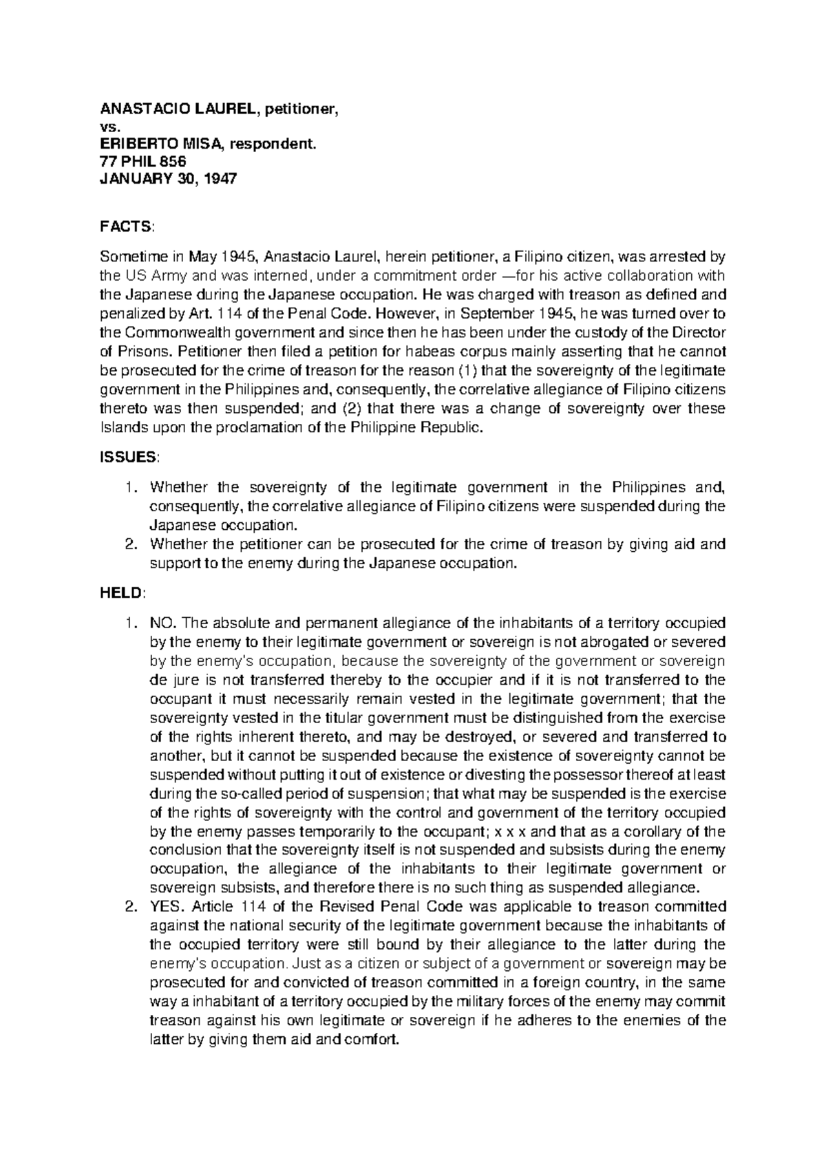 Crim Law 2 Case Digest 1 - Summary Criminal Law Ii - ANASTACIO LAUREL ...