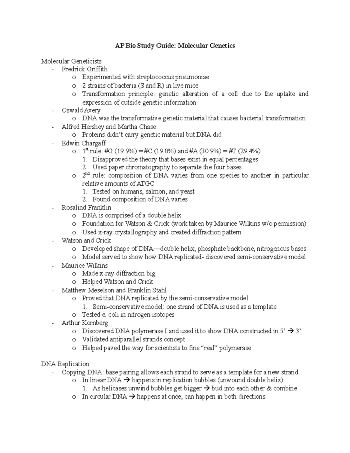 Study Guide (molecular genetics) - AP Bio Study Guide: Molecular ...