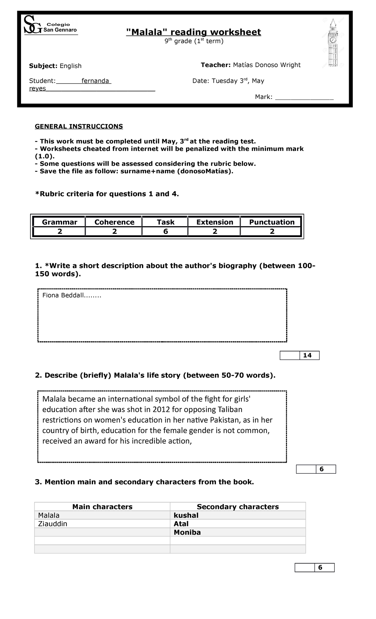 1 Medio - Vocabulary (Malala) - GENERAL INSTRUCCIONS This work must be ...