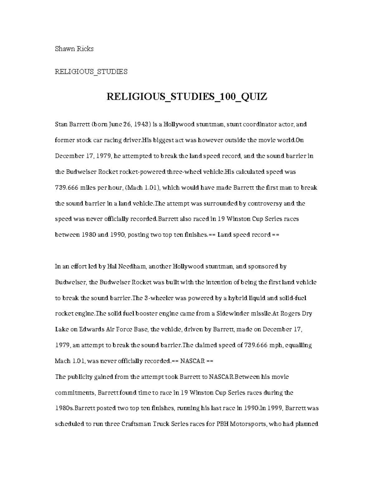 Religious Studies 100 QUIZ - Shawn Ricks RELIGIOUS_STUDIES RELIGIOUS ...
