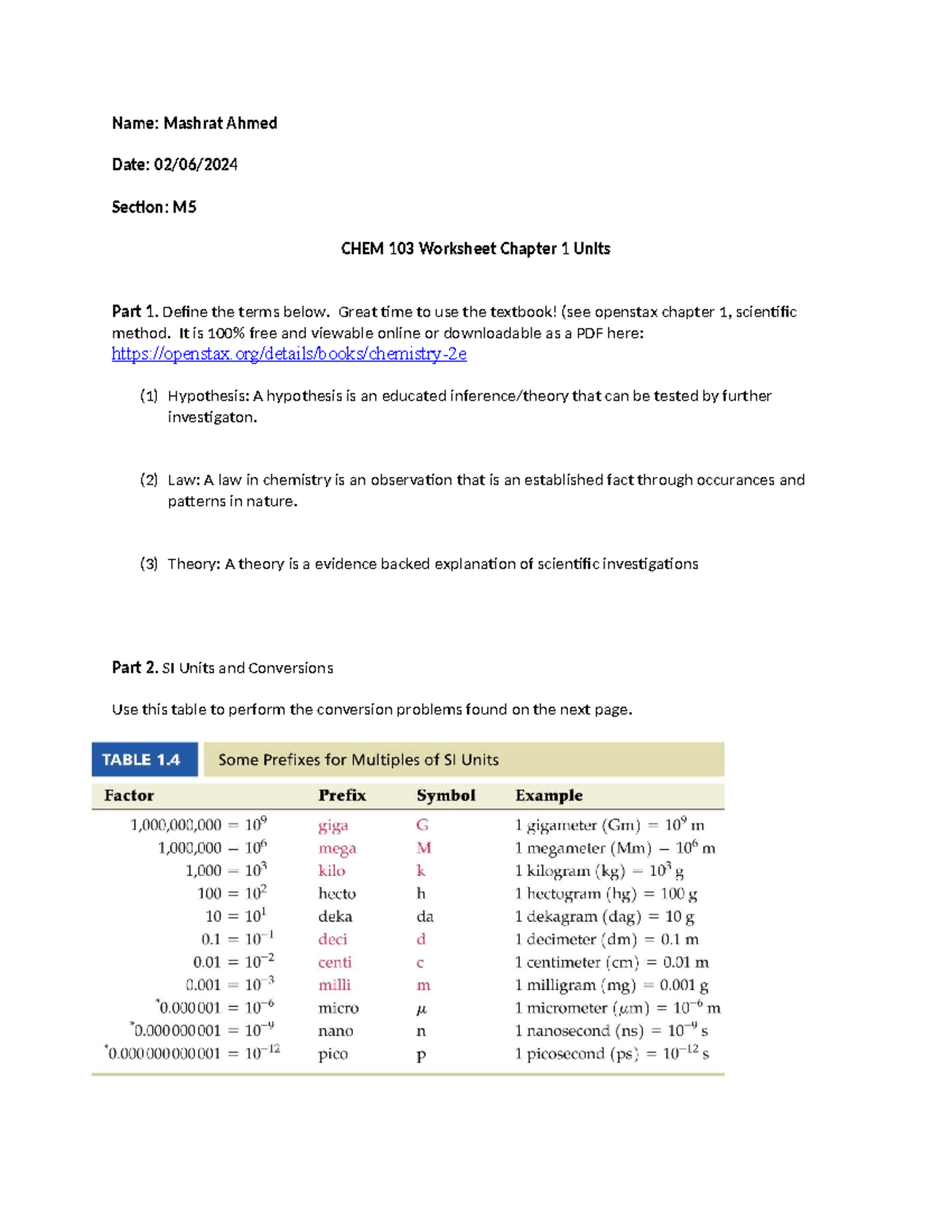 Chem103 CH1 Unit Conversion WS - Name: Mashrat Ahmed Date: 02/06 ...