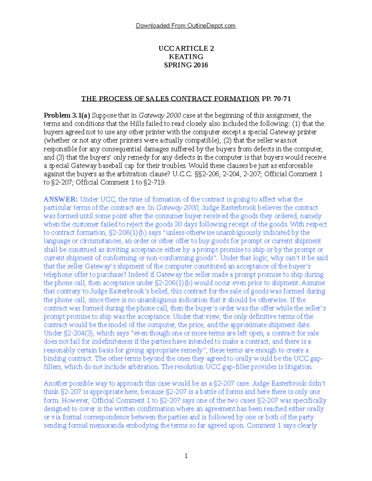 UCC Answer - Practice 2 - UCC ARTICLE 2 KEATING SPRING 2016 THE PROCESS ...